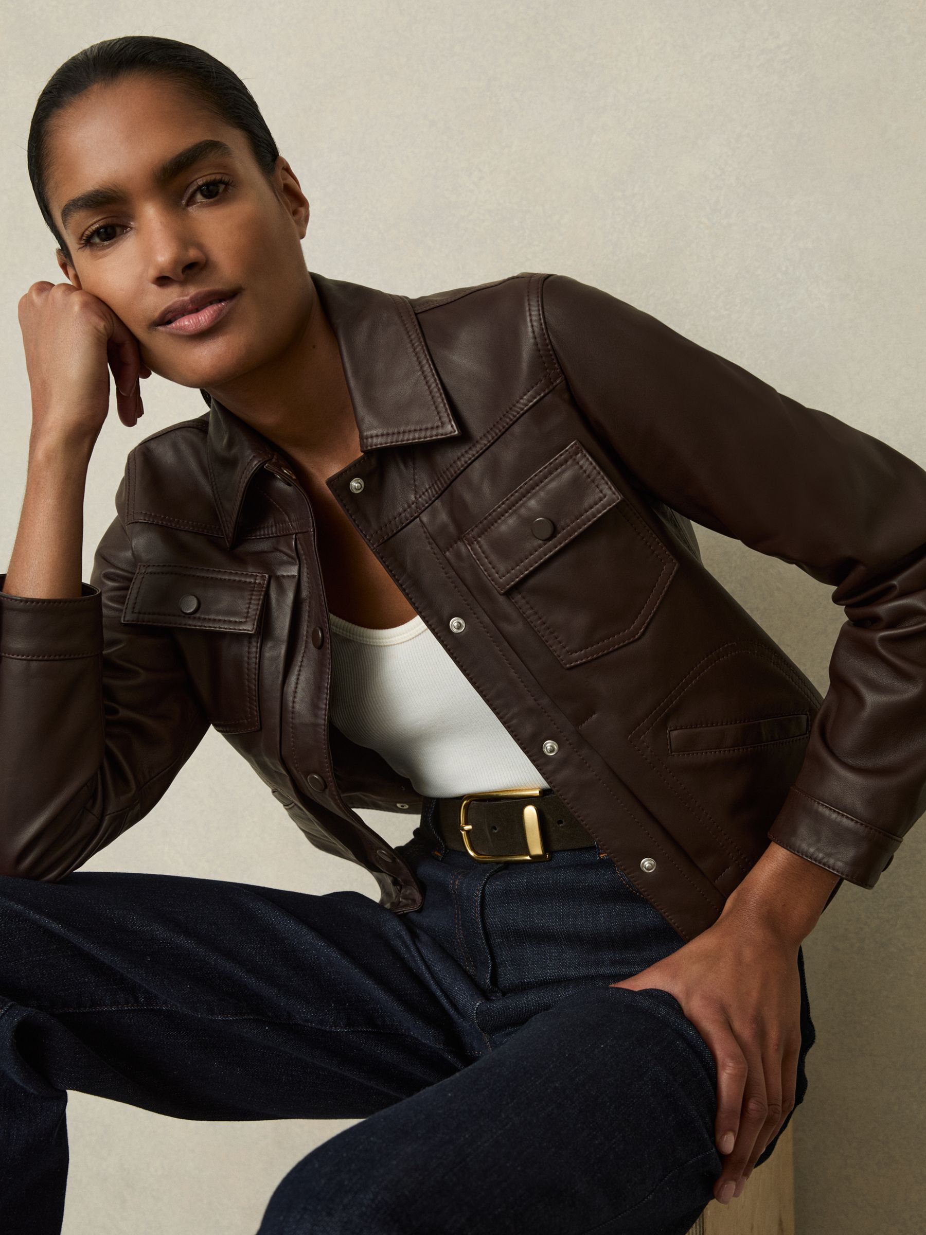 Reiss Leather Trucker Jacket in Burgundy - REISS