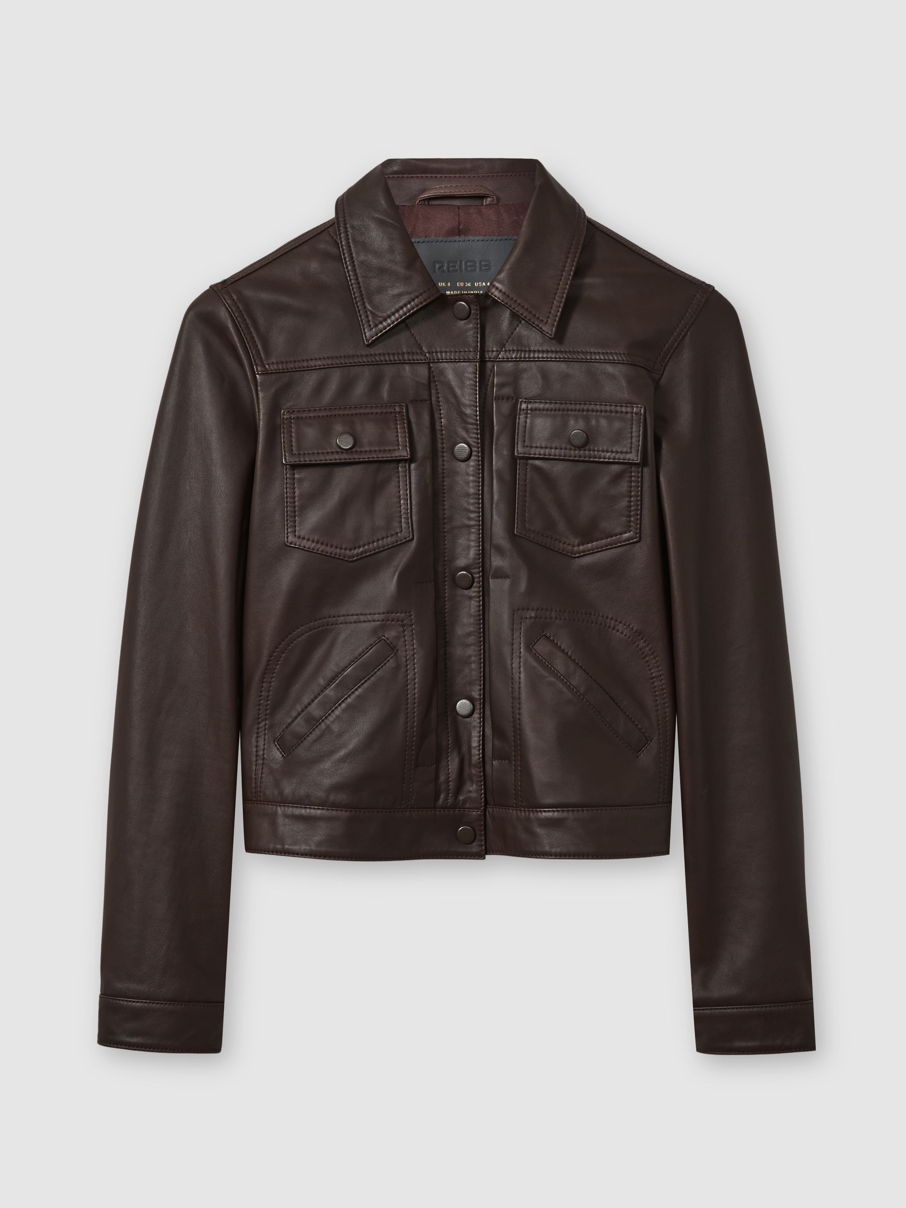 Reiss Leather Trucker Jacket in Burgundy - REISS