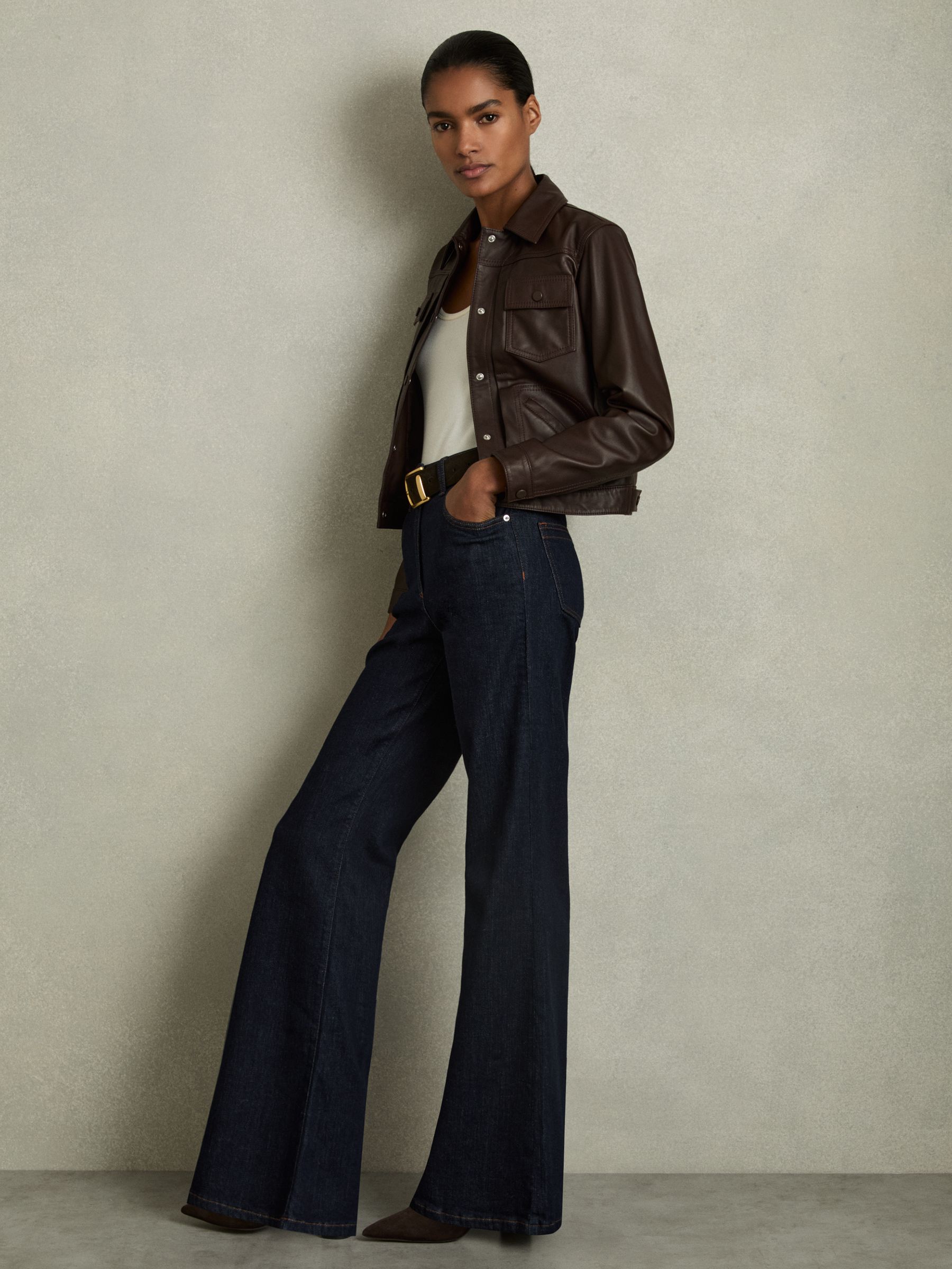 Reiss Leather Trucker Jacket in Burgundy - REISS