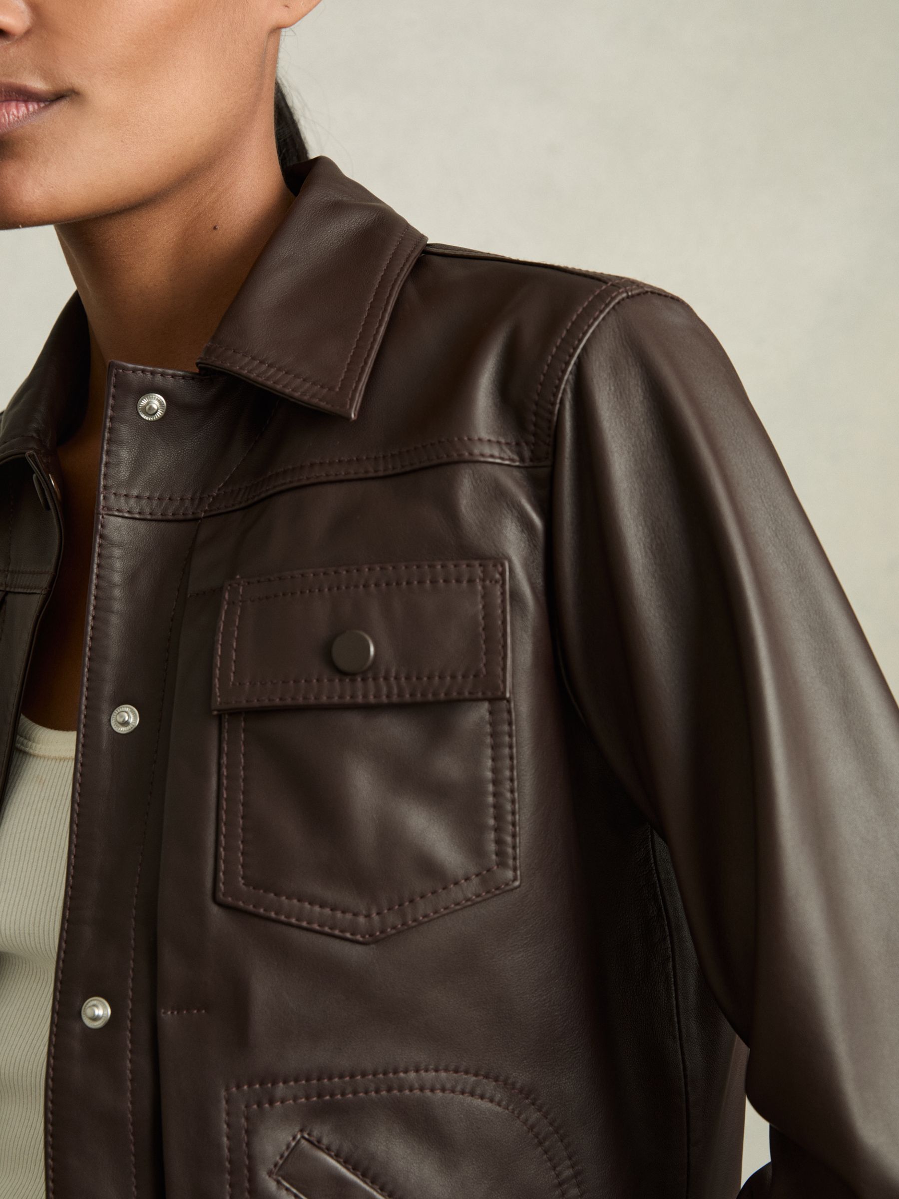 Reiss Leather Trucker Jacket in Burgundy - REISS