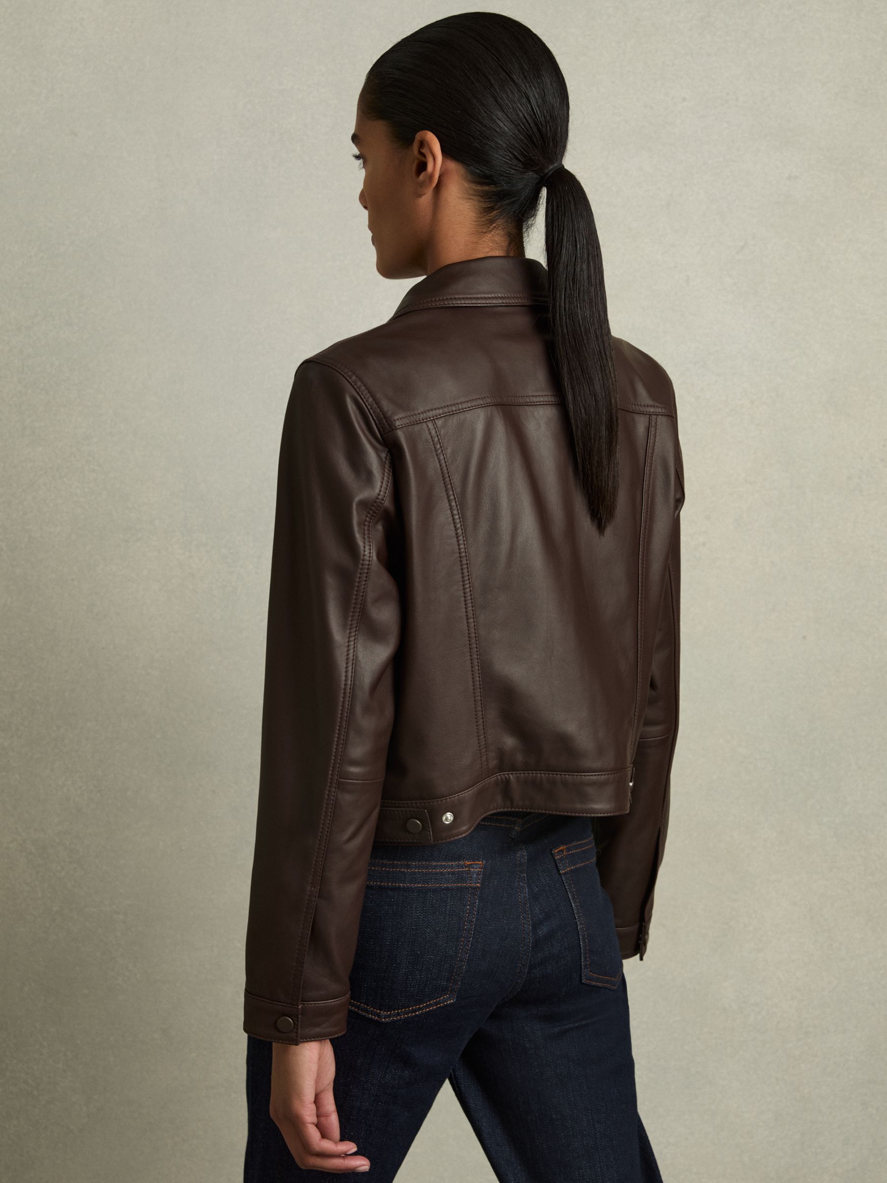 Reiss Leather Trucker Jacket in Burgundy - REISS