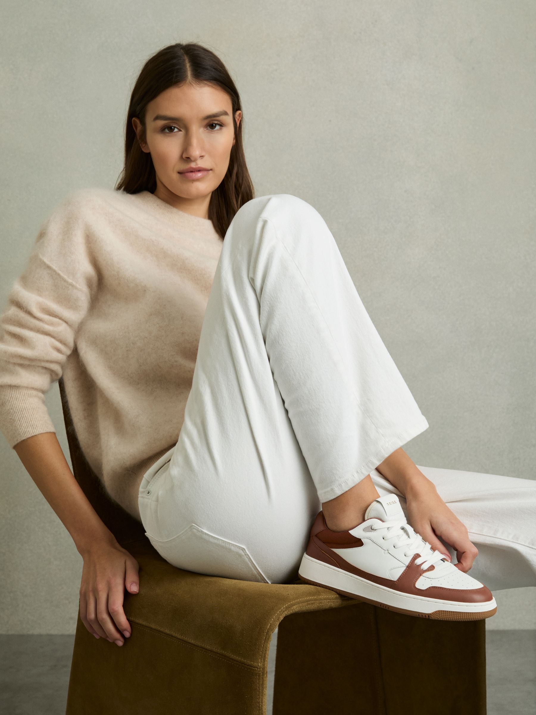 Reiss Leather Panelled Trainers in White/Tan | REISS