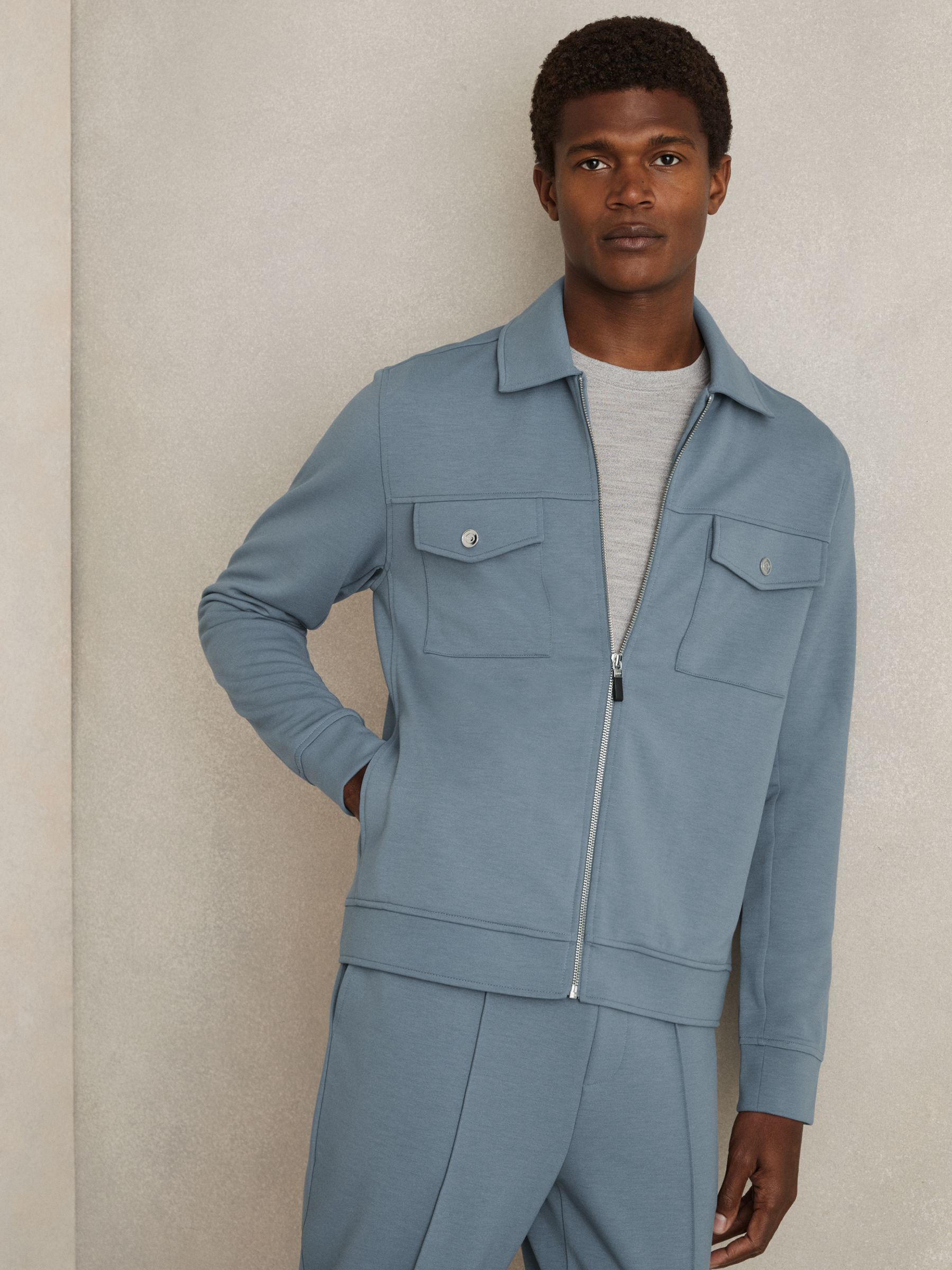 Reiss Interlock Jersey Zip-Through Jacket in Airforce Blue | REISS