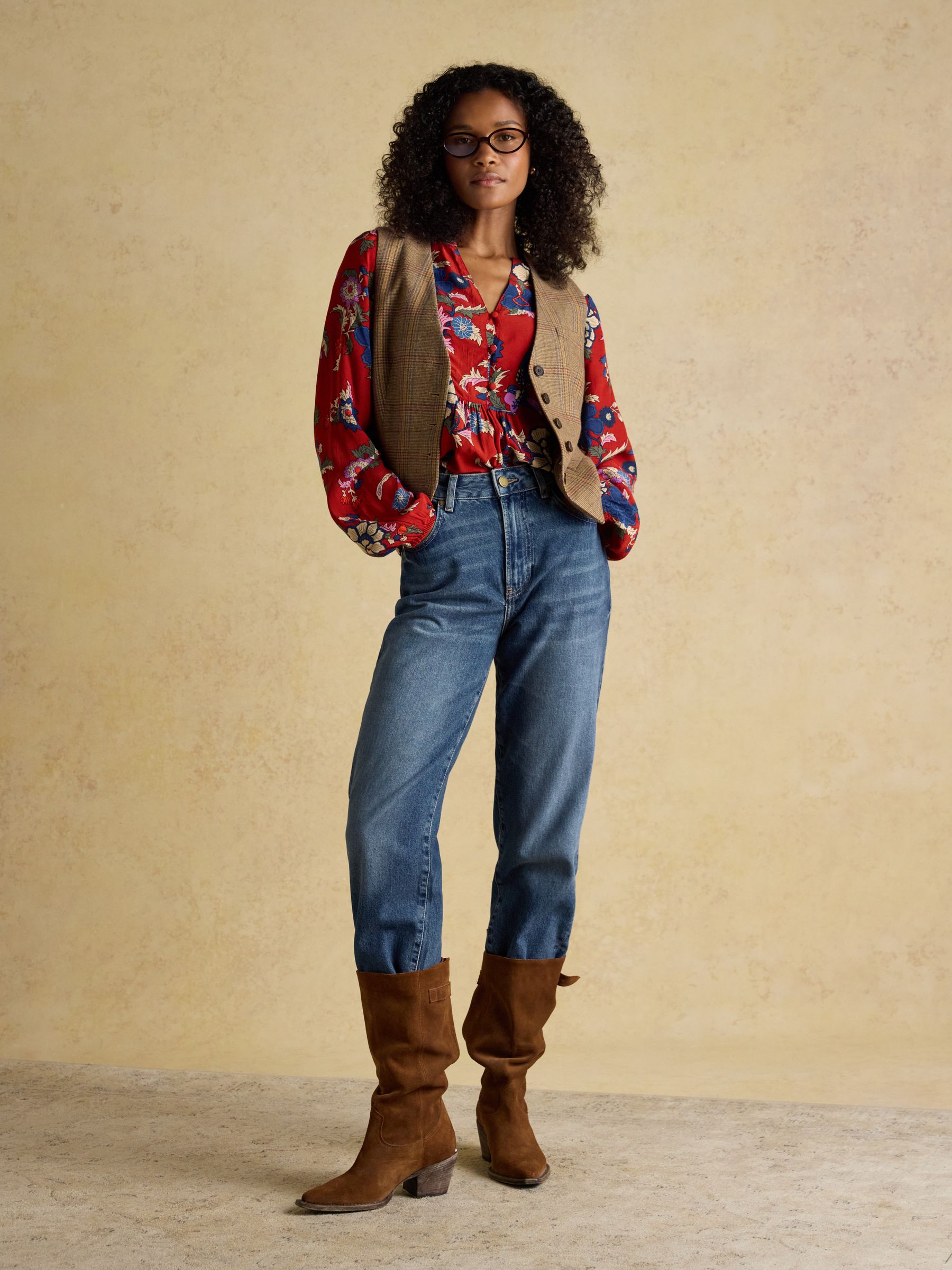 Ava Red Floral Long Sleeve Popover Blouse | Joules
