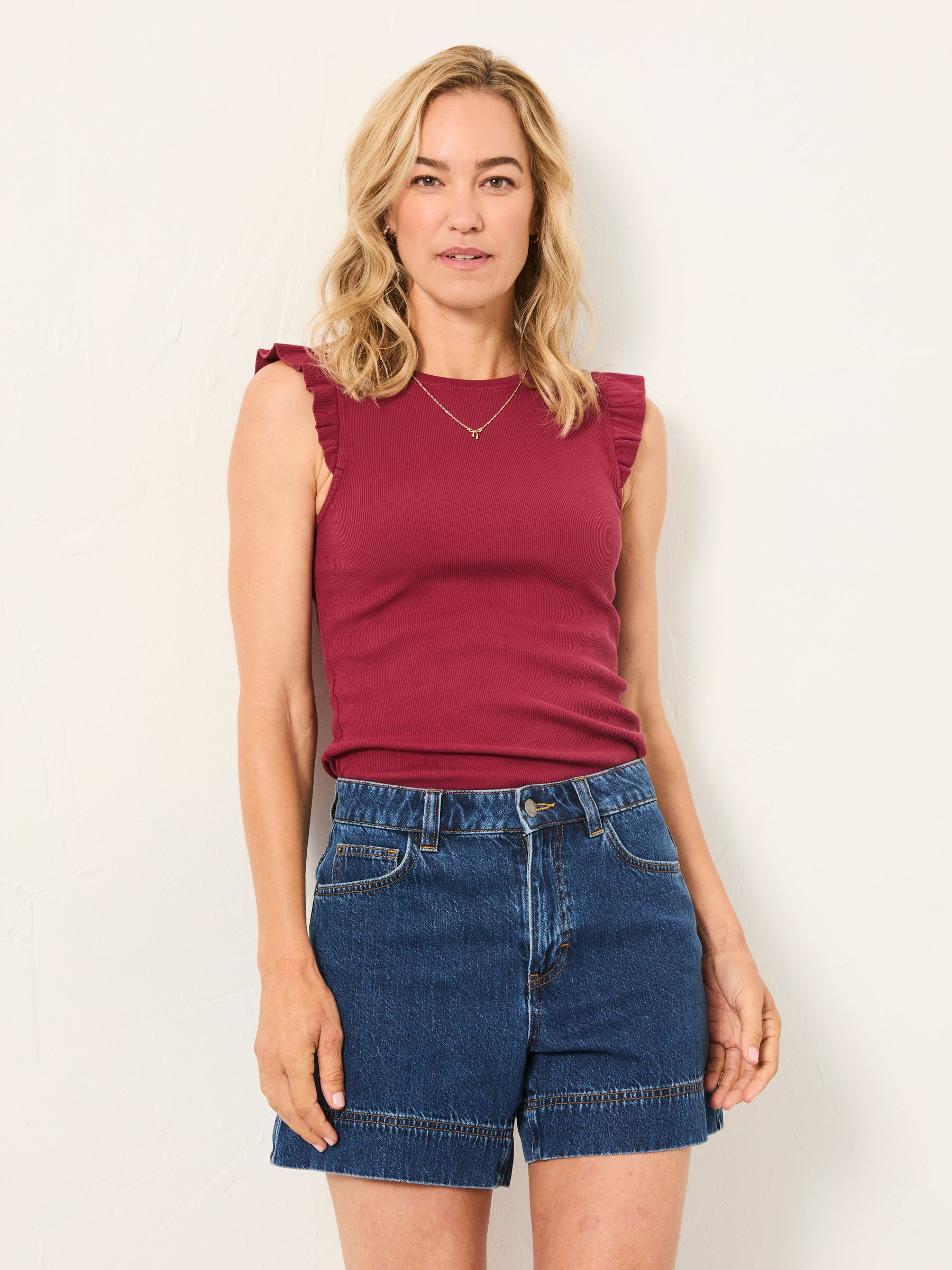 Burgundy Red Frill Sleeveless Top | FatFace USA