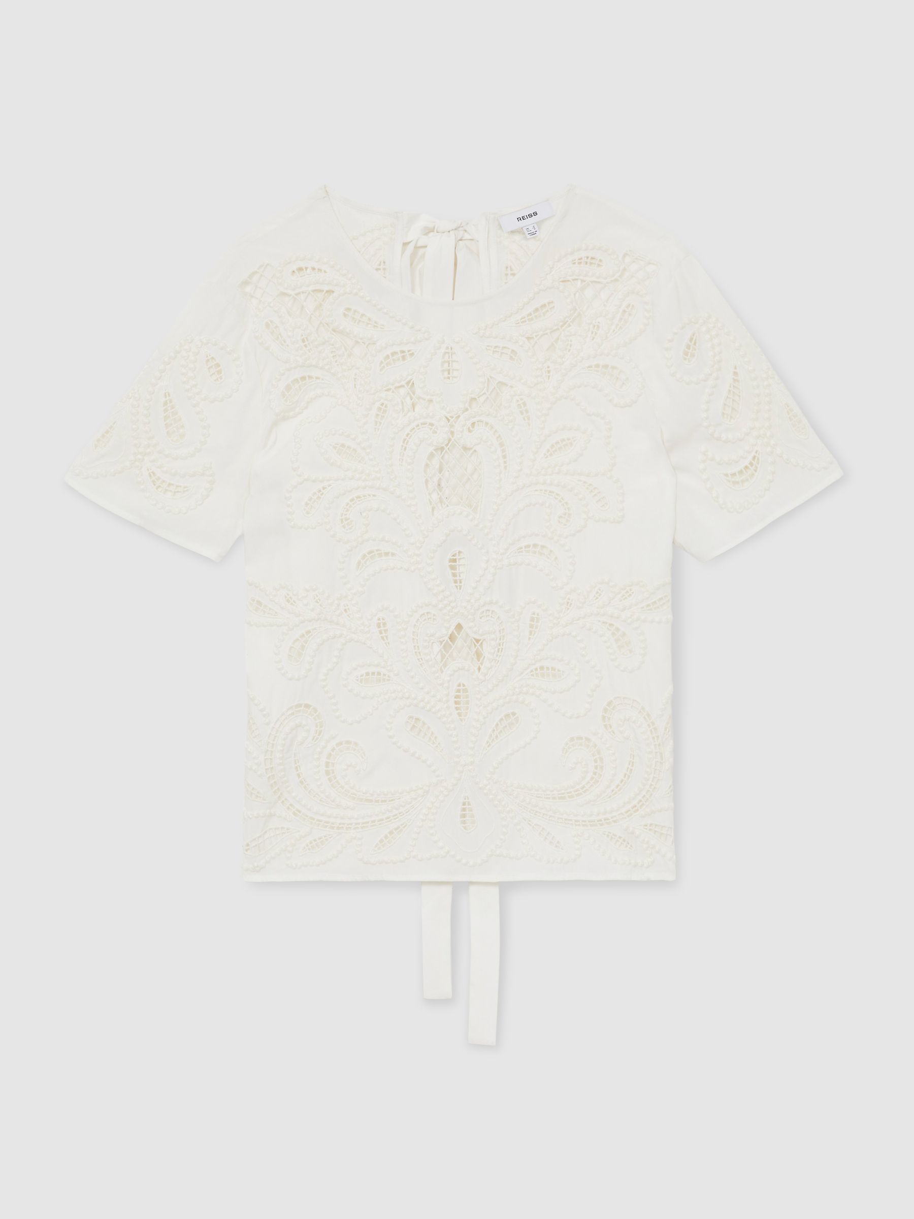 Reiss Floral Cut-Out Embroidery Top in Ivory - REISS