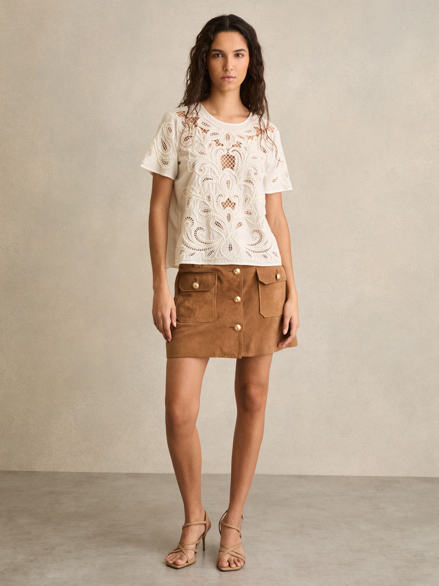 Reiss Floral Cut-Out Embroidery Top in Ivory - REISS