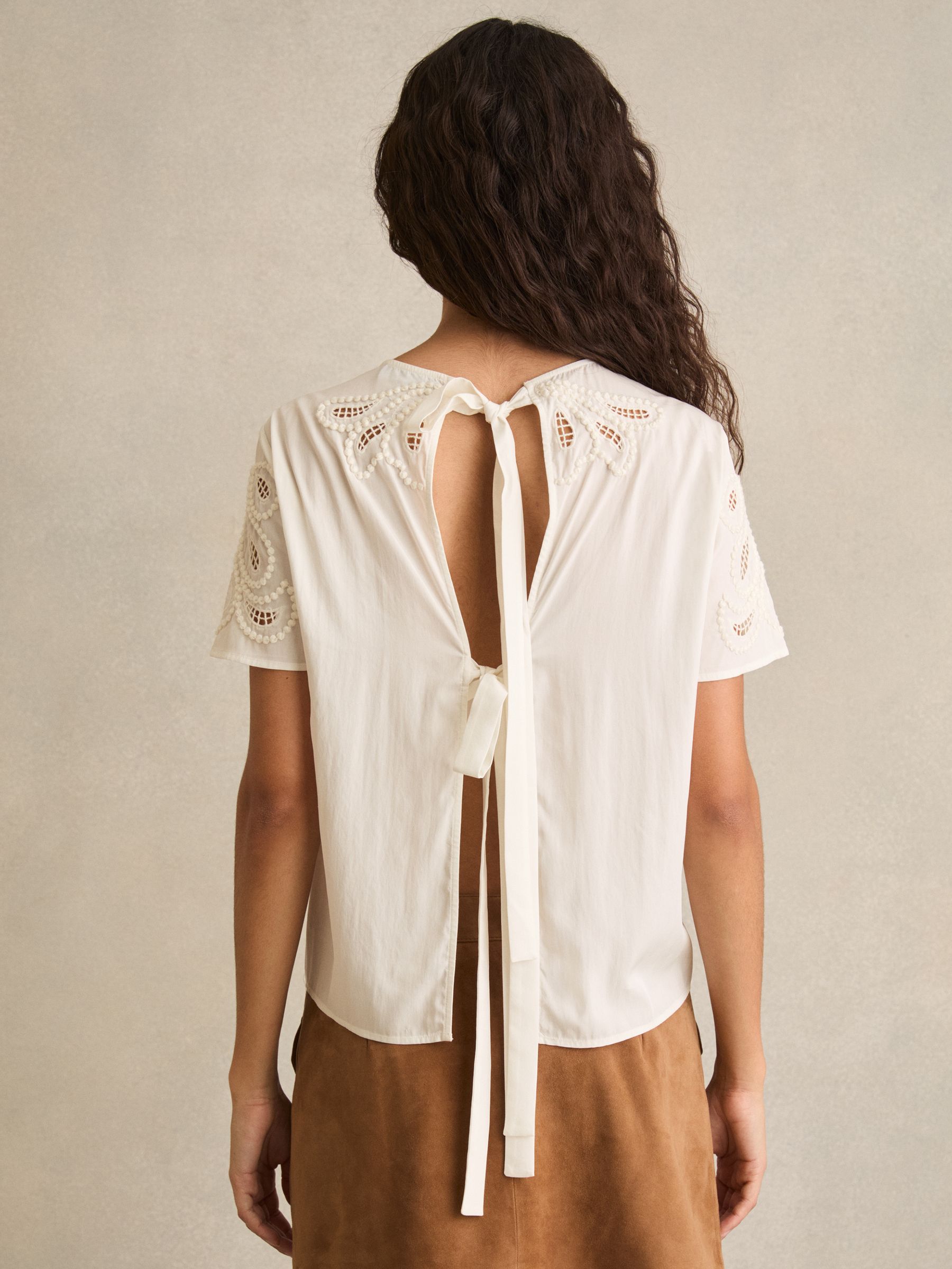 Reiss Floral Cut-Out Embroidery Top in Ivory - REISS