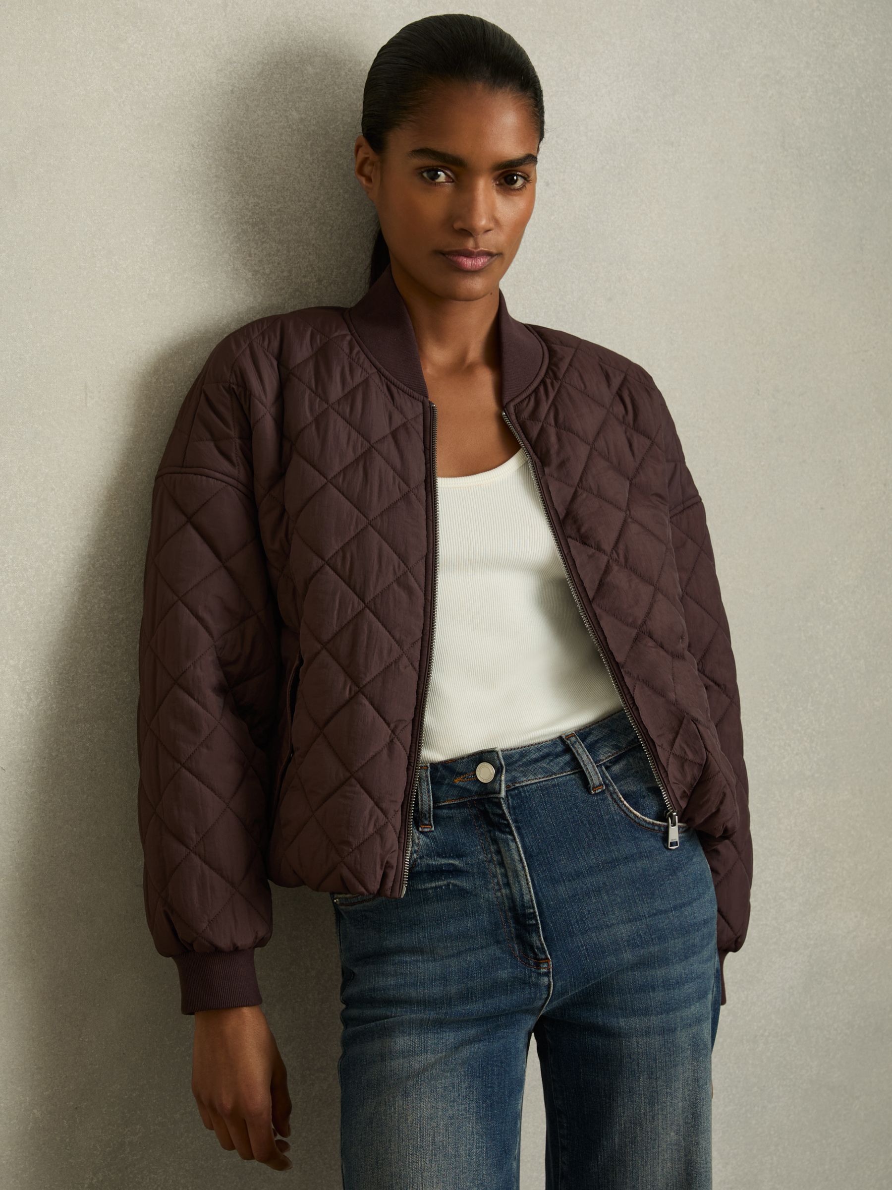 Reiss Quilted Printed Bomber Jacket in Burgundy - REISS