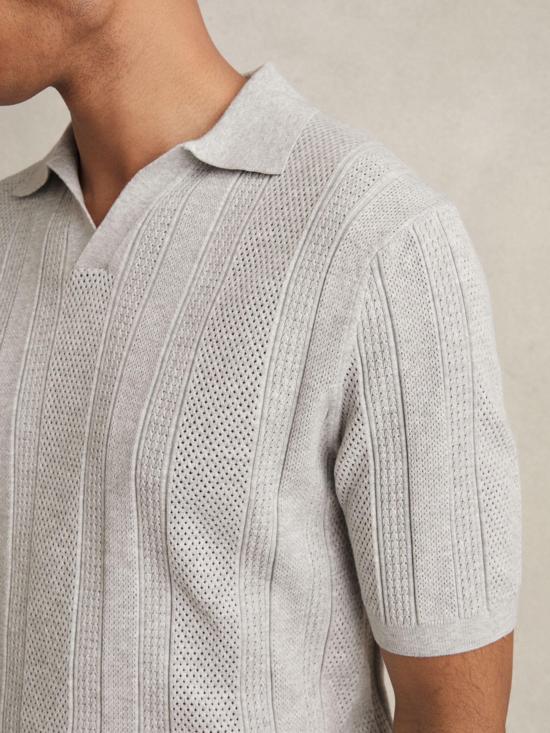 Reiss Textured-Stripe Knitted Polo Shirt in Grey Melange - REISS
