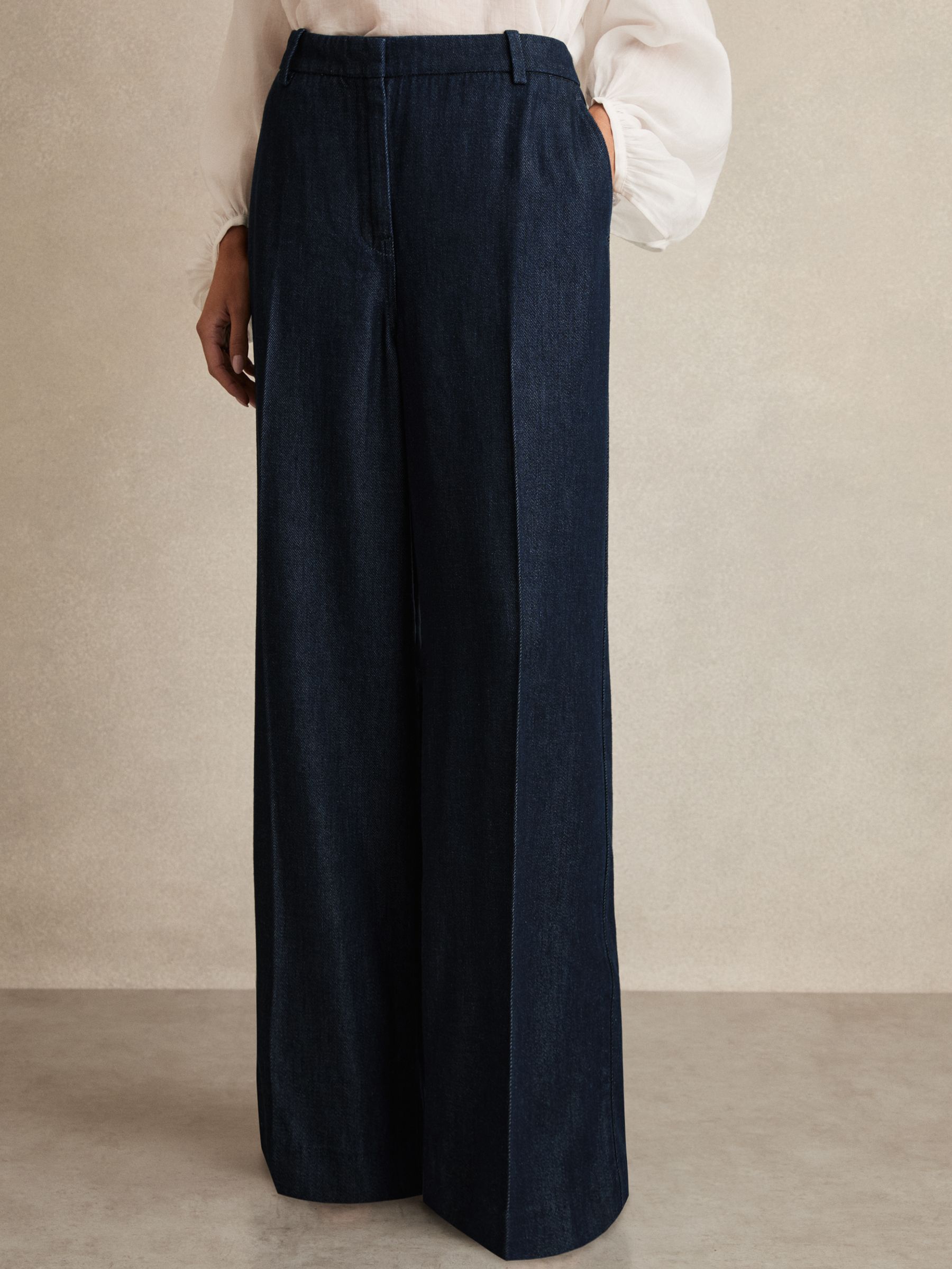 Reiss Denim-Look Wide-Leg Trousers in Dark Blue - REISS