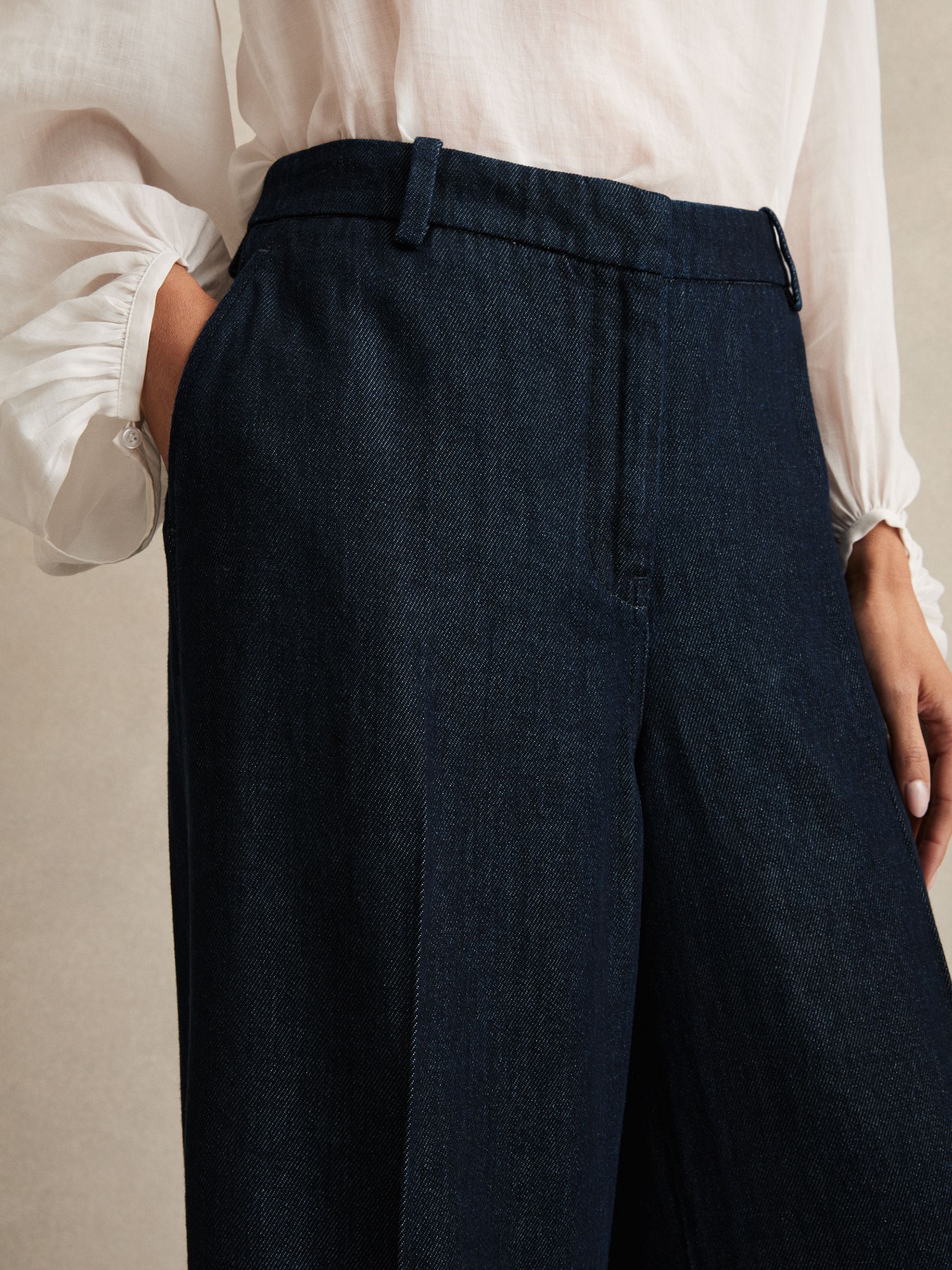 Reiss Denim-Look Wide-Leg Trousers in Dark Blue - REISS