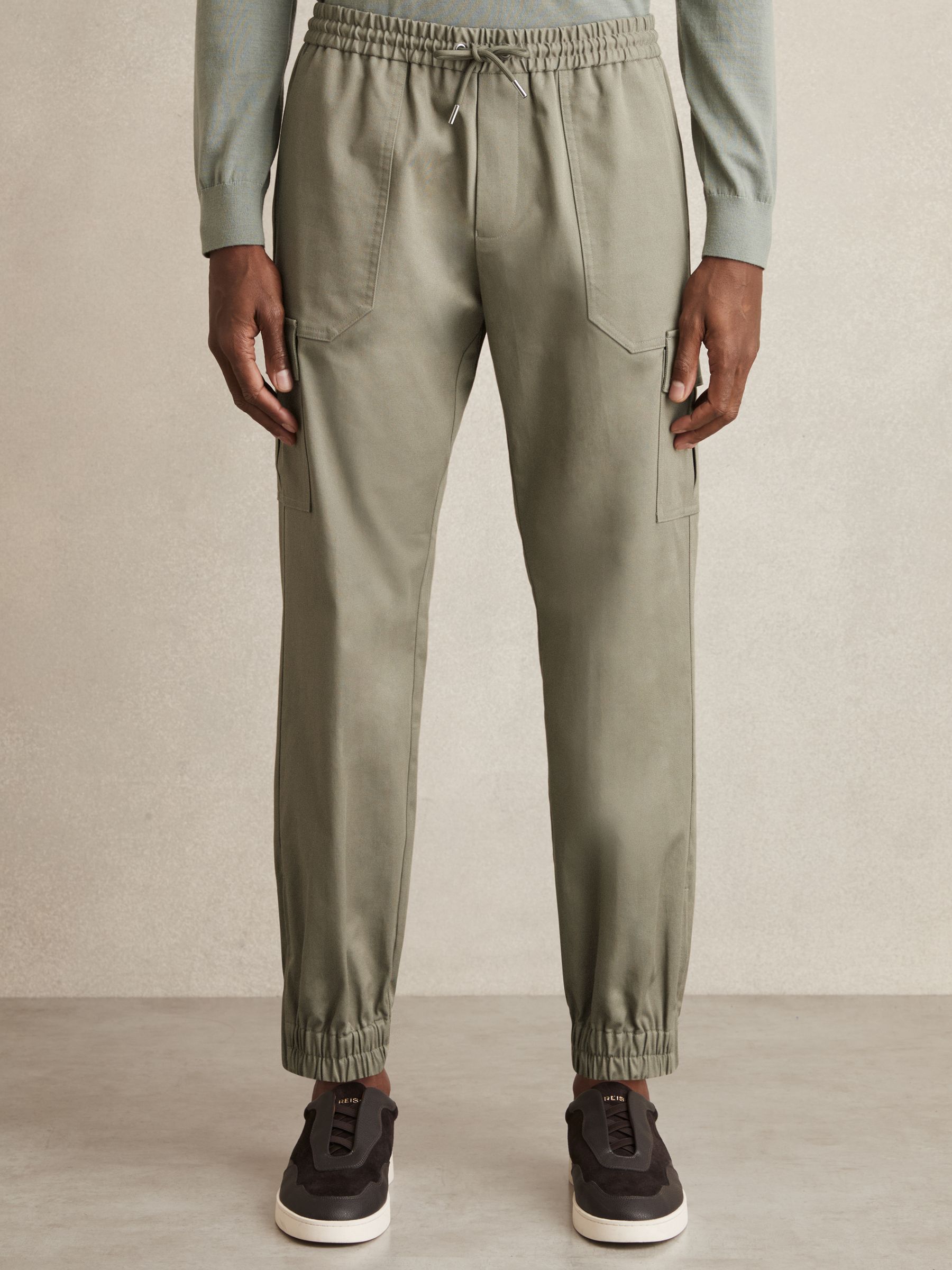 Reiss Cotton Drawstring Cargo Trousers in Washed Khaki Green | REISS