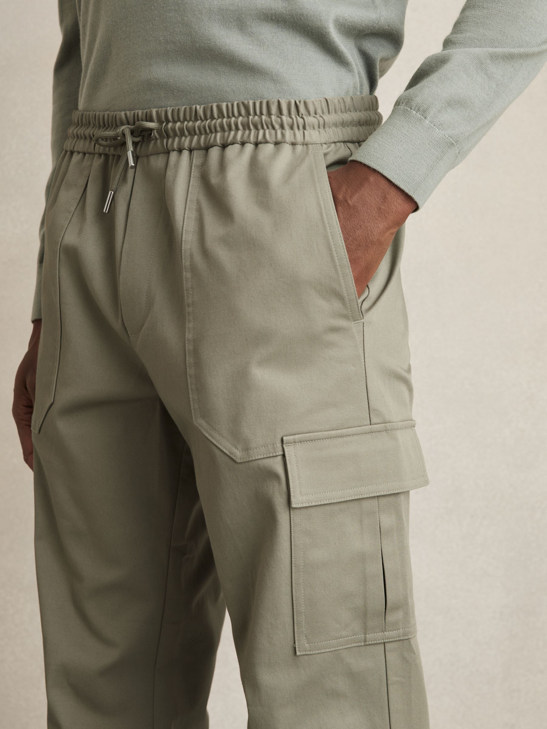 Reiss Cotton Drawstring Cargo Trousers in Washed Khaki Green | REISS