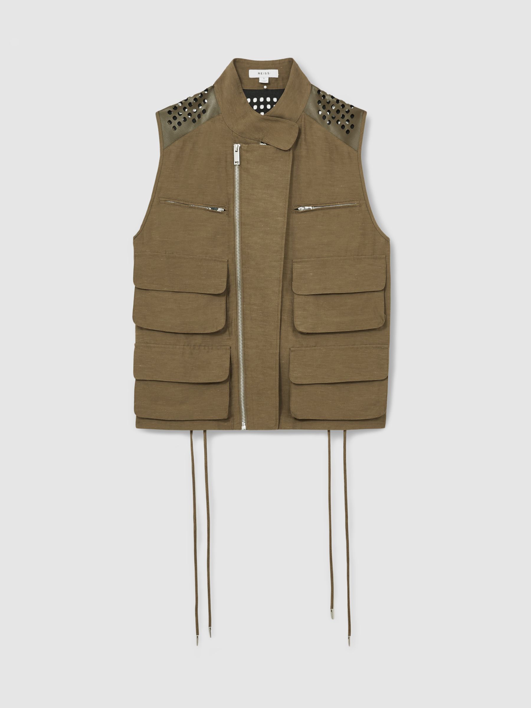 Reiss Cargo-Pocket Laser-Cut Gilet With Linen in Khaki | REISS