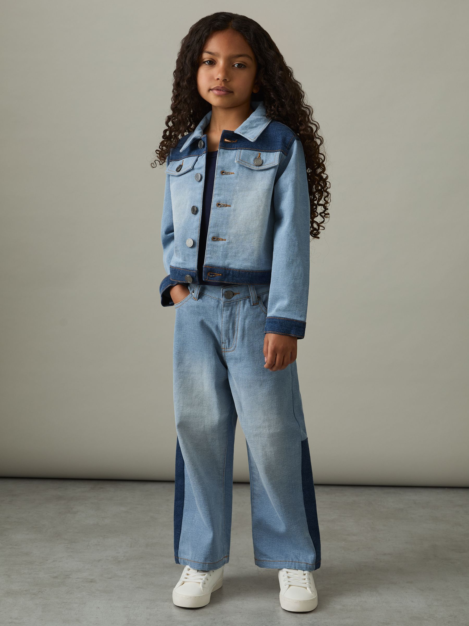 Reiss 9-13 yrs Patchwork Two-Tone Denim Jacket in Blue - REISS