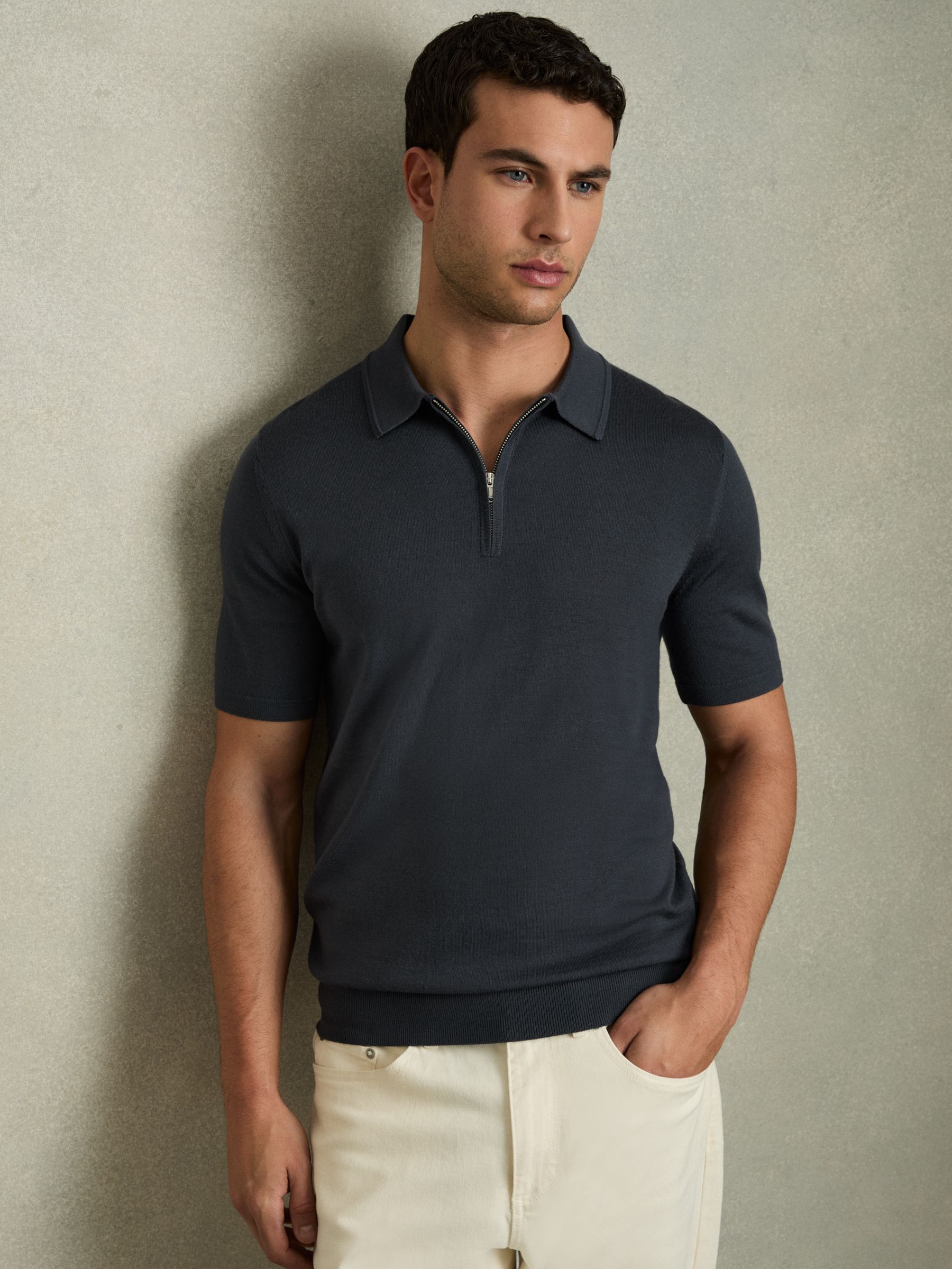 Reiss Merino Wool Half-Zip Polo Shirt in Blackened Blue - REISS