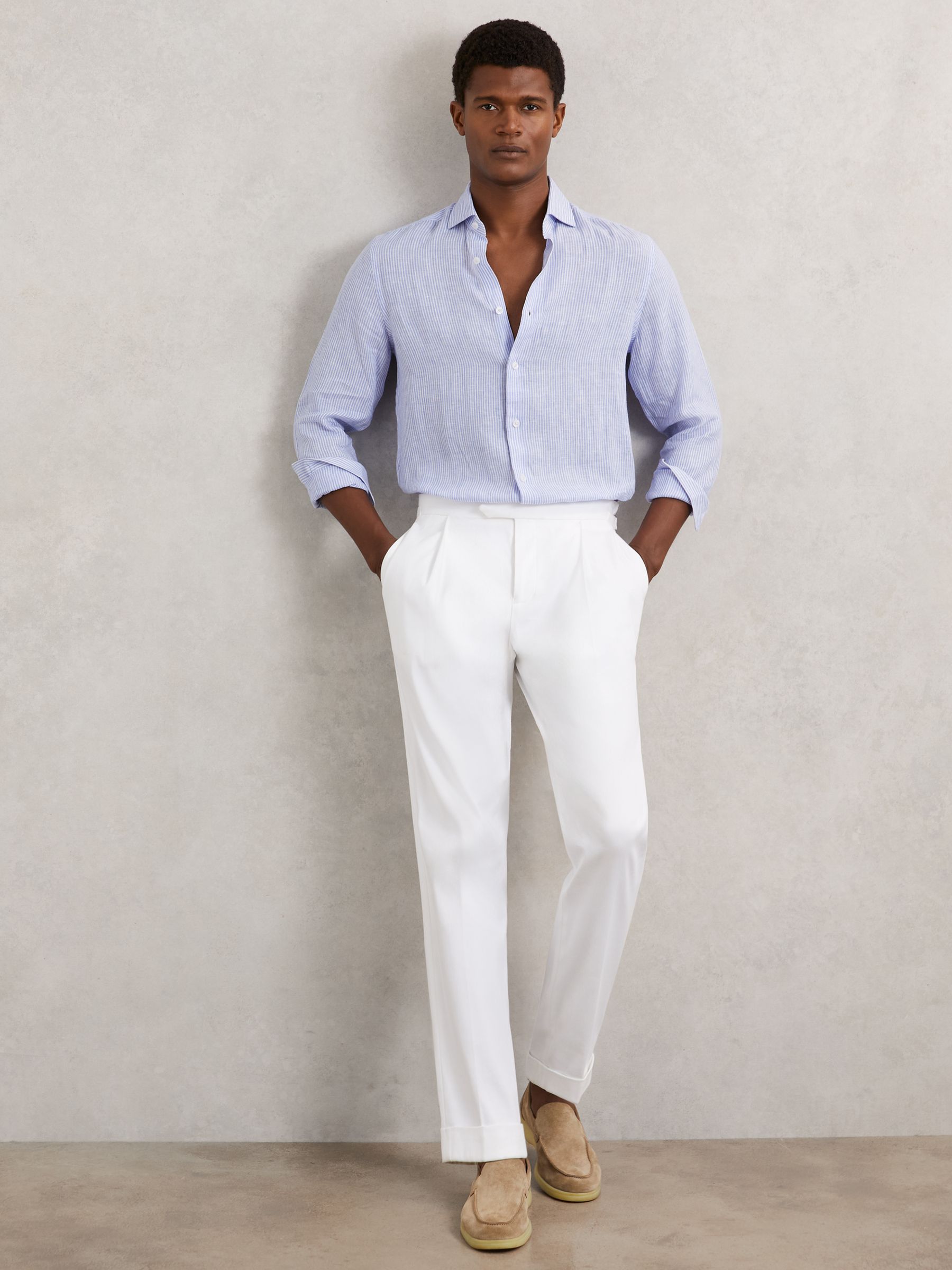 Reiss Linen Striped Cutaway-Collar Shirt Regular-Fit in Soft Blue/White ...