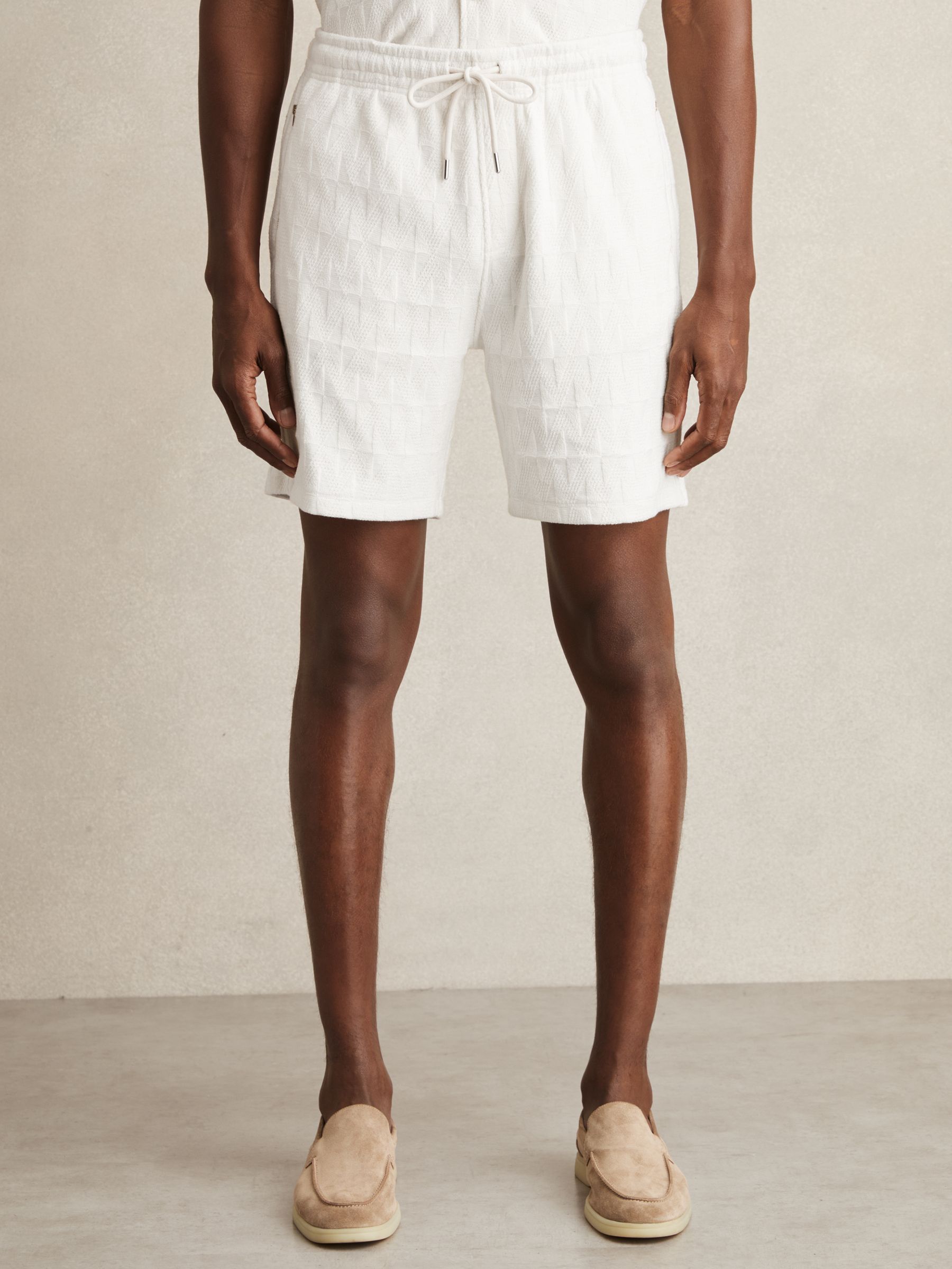 Reiss Cotton Textured Drawstring Shorts in Off White - REISS