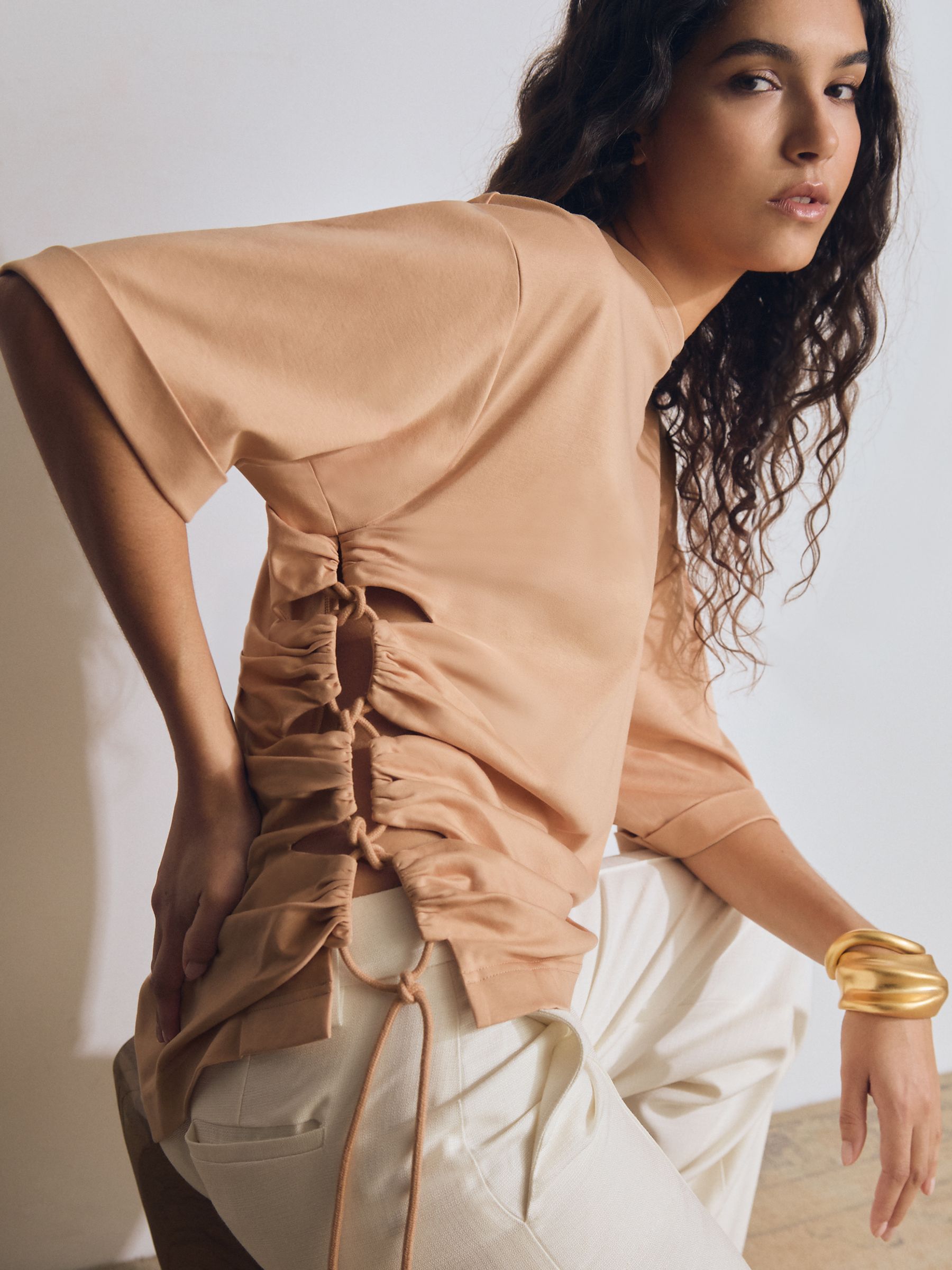 Reiss Atelier Cotton Cut-Out Rope-Cord Top in Neutral | REISS