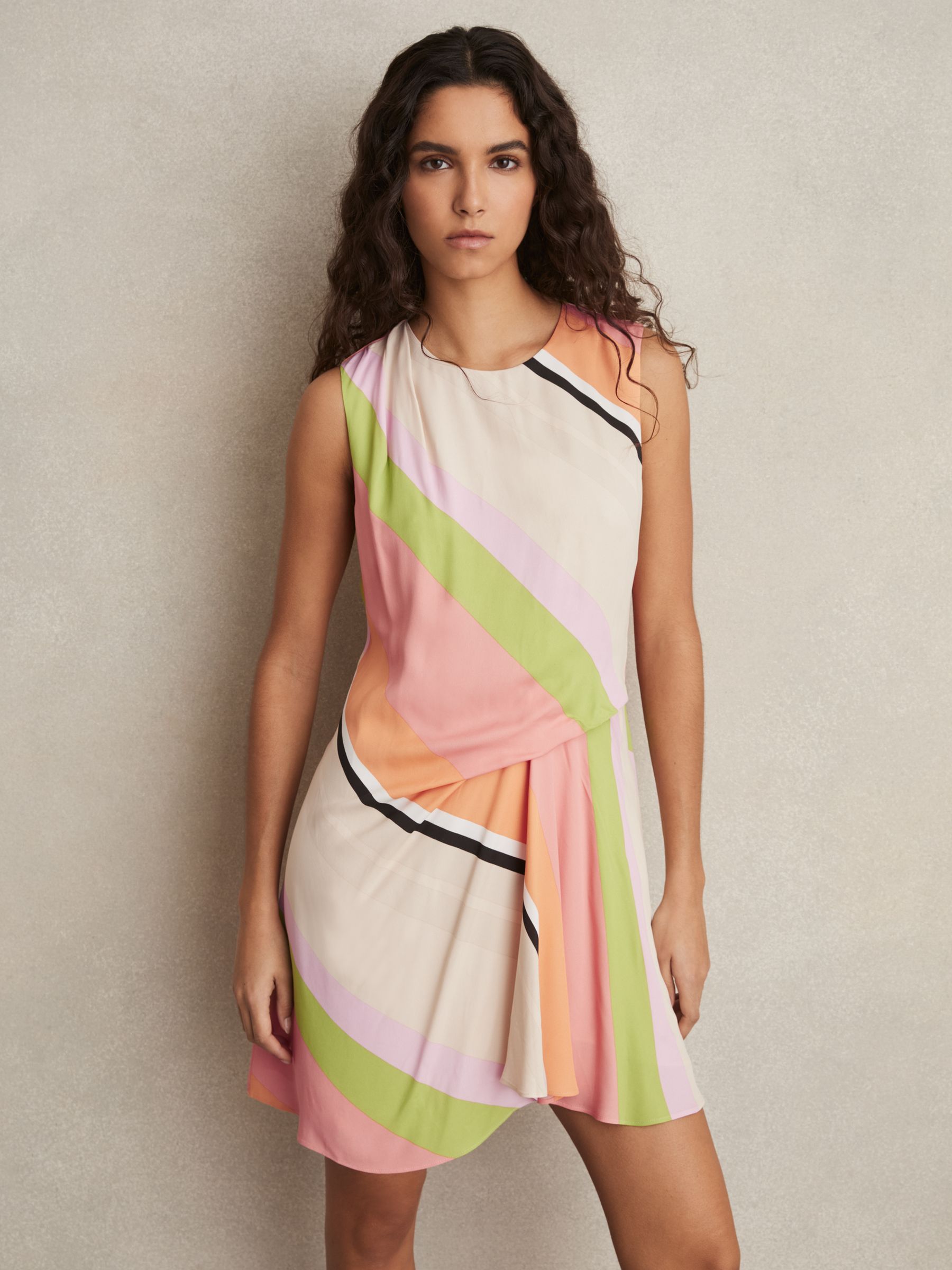 Reiss Stripe-Print Tuck Mini Dress in Pink/Green - REISS