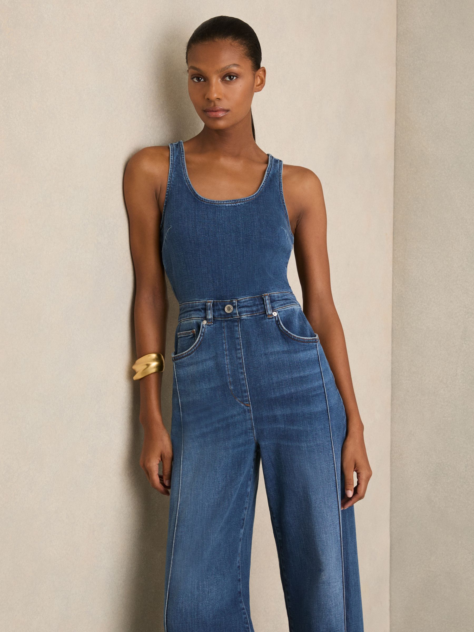 Reiss Wide-Leg Racer-Back Denim Jumpsuit in Indigo - REISS