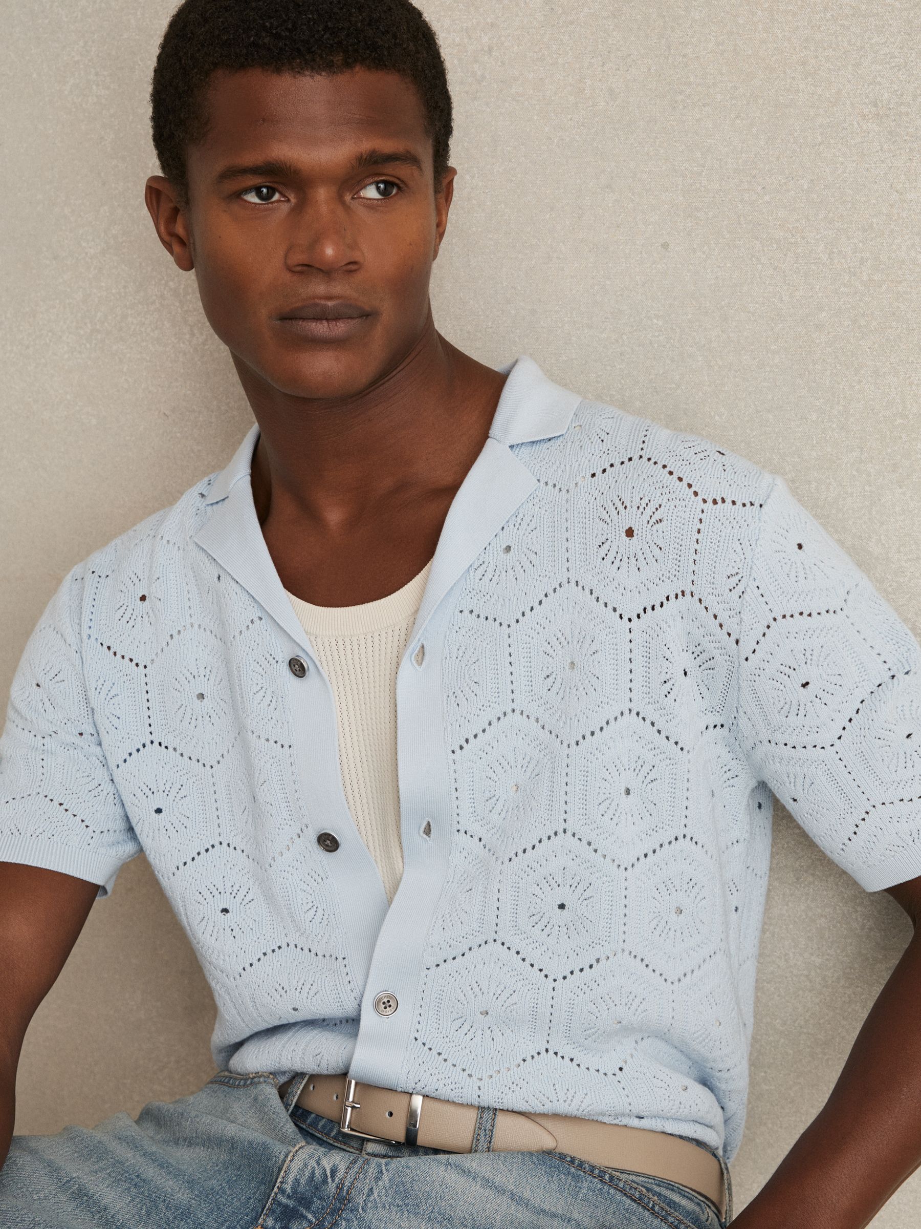 Reiss Pointelle Button-Through Shirt in Soft Blue - REISS