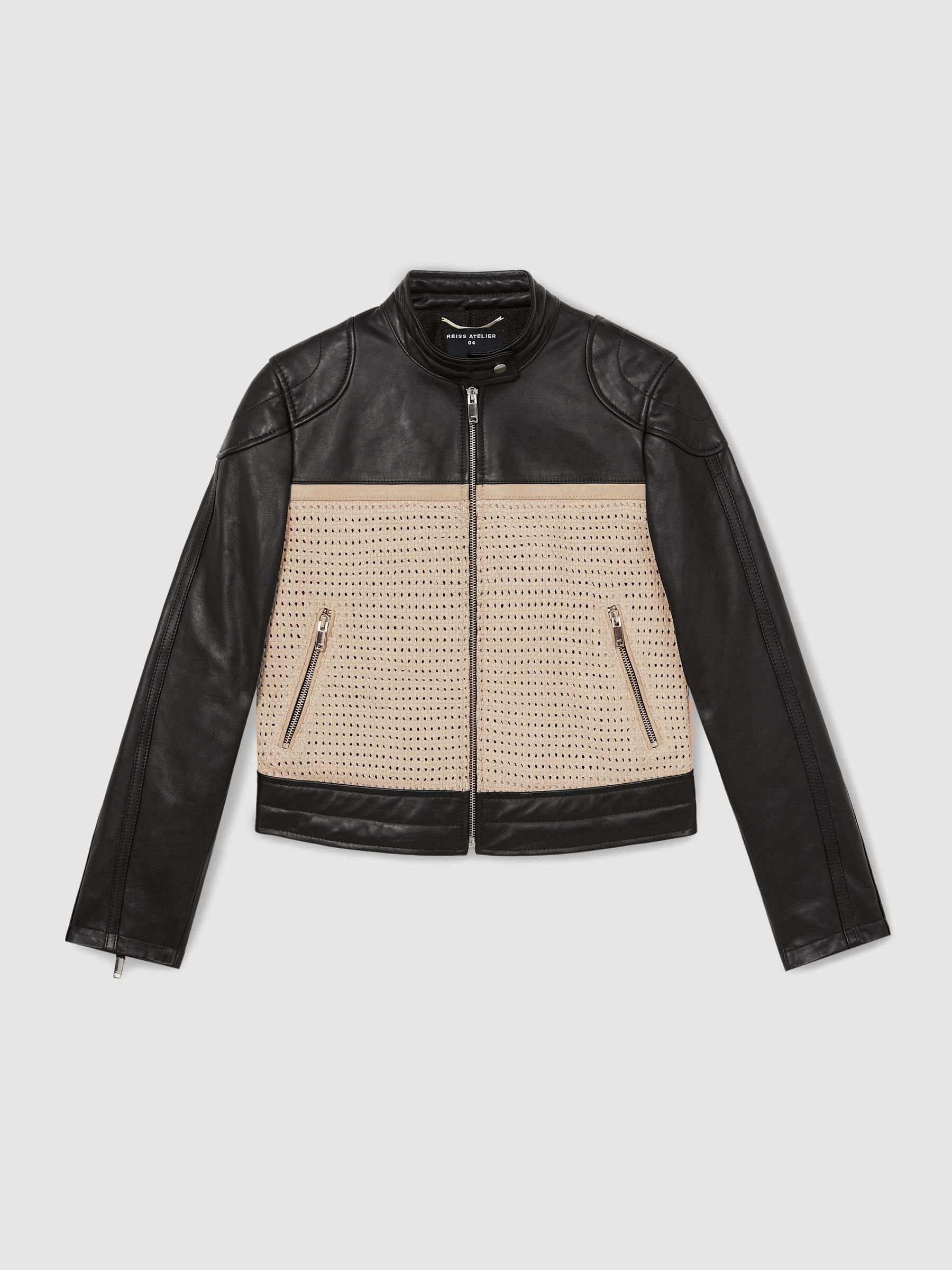 Reiss Atelier Leather Woven Biker Jacket in Black - REISS