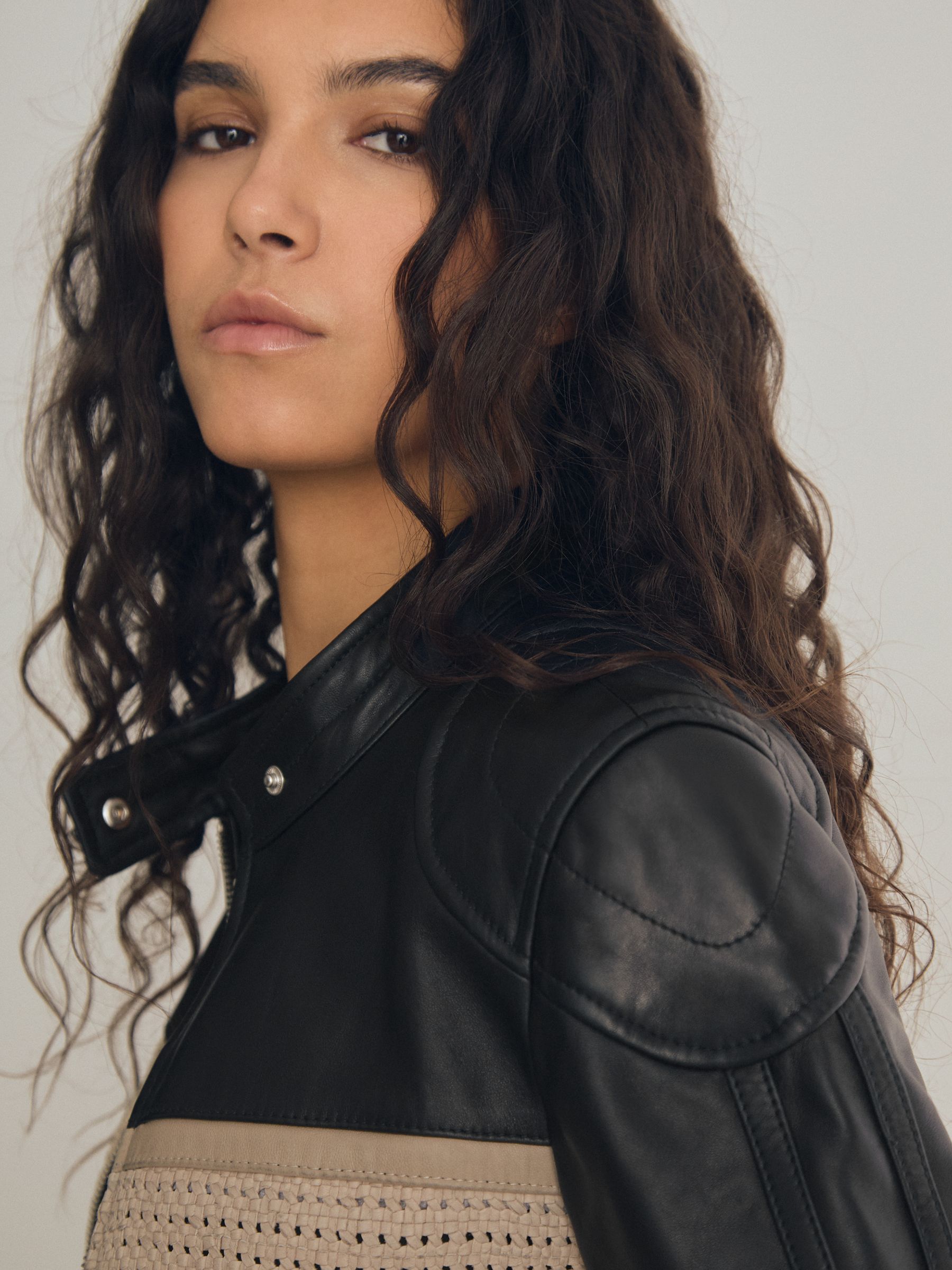 Reiss Atelier Leather Woven Biker Jacket in Black - REISS