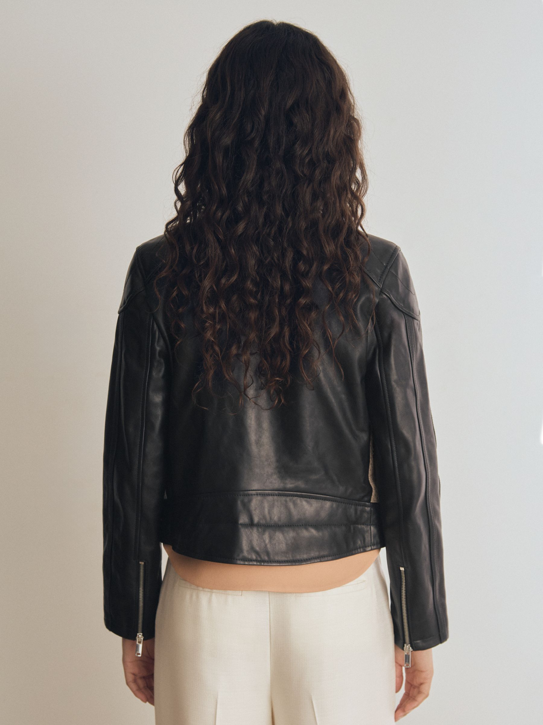 Reiss Atelier Leather Woven Biker Jacket in Black - REISS