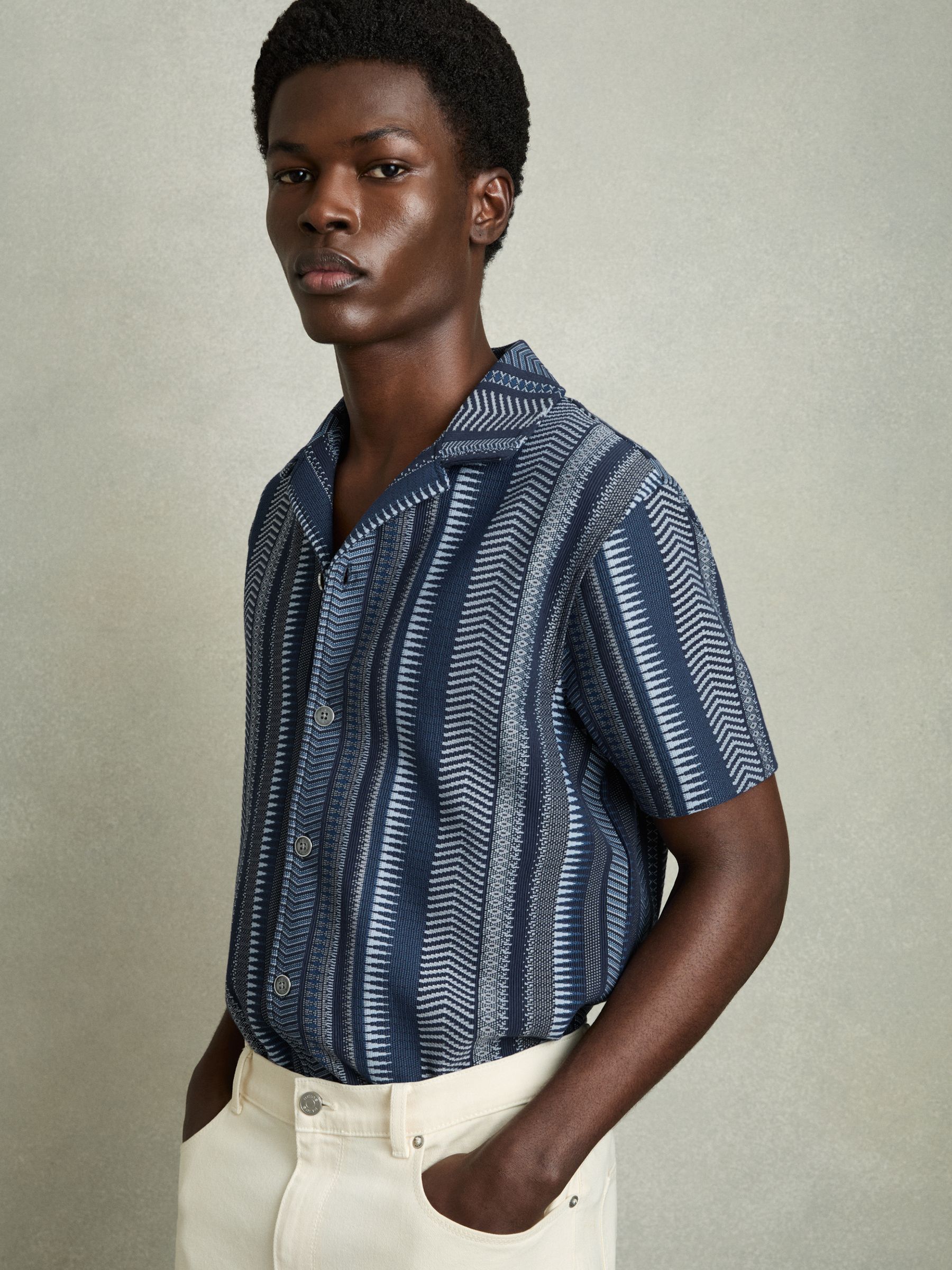 Reiss Aztec-Stripe Cuban-Collar Shirt in Navy - REISS