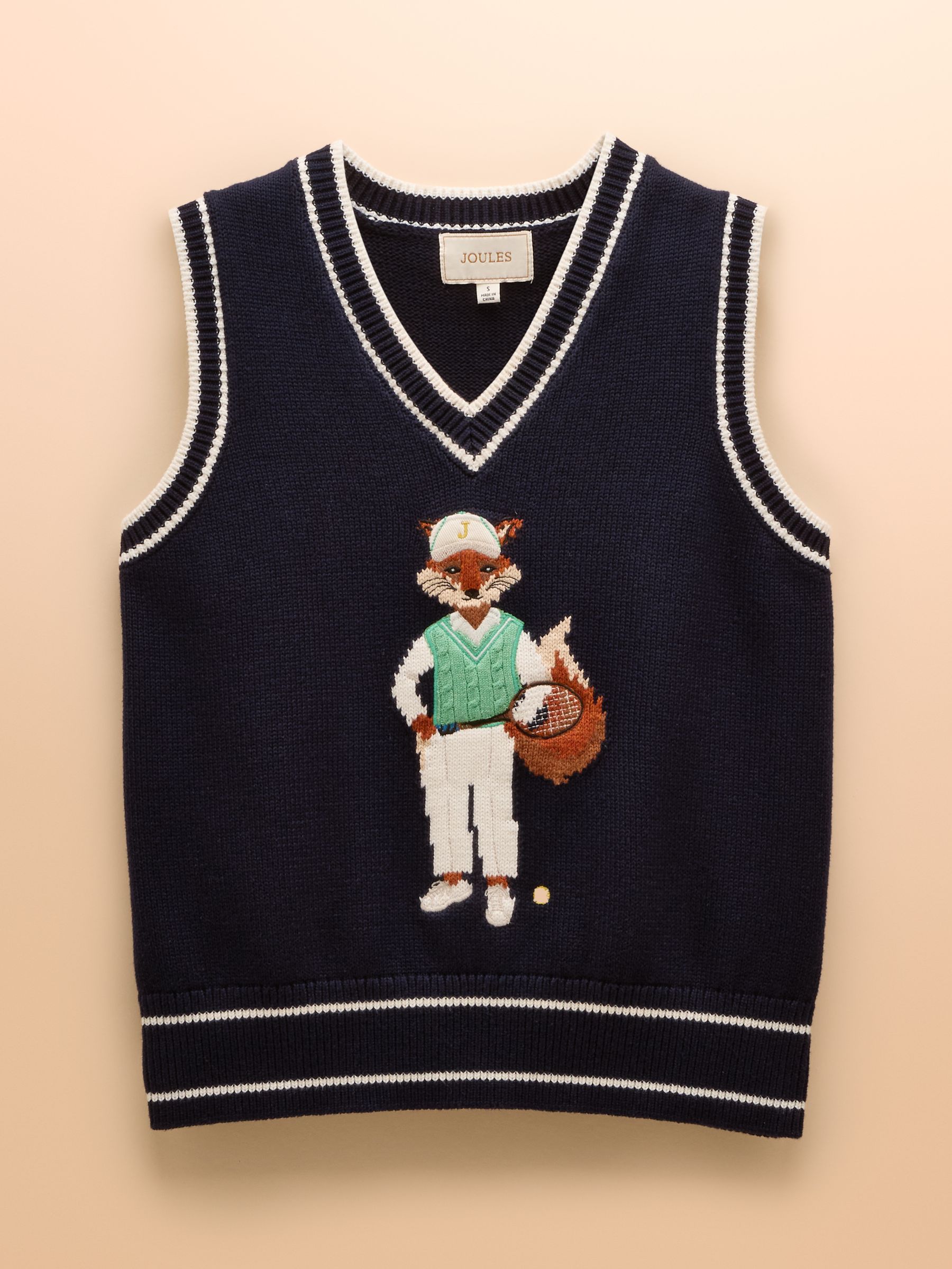 Jonty Navy Intarsia Fox Knitted Cotton Vest | Joules