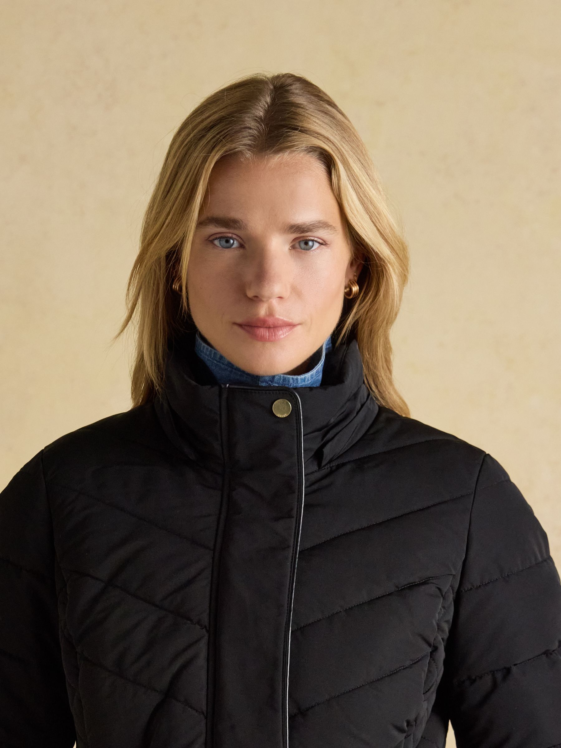 Aspen Black Showerproof Padded Coat with Faux Fur Hood | Joules