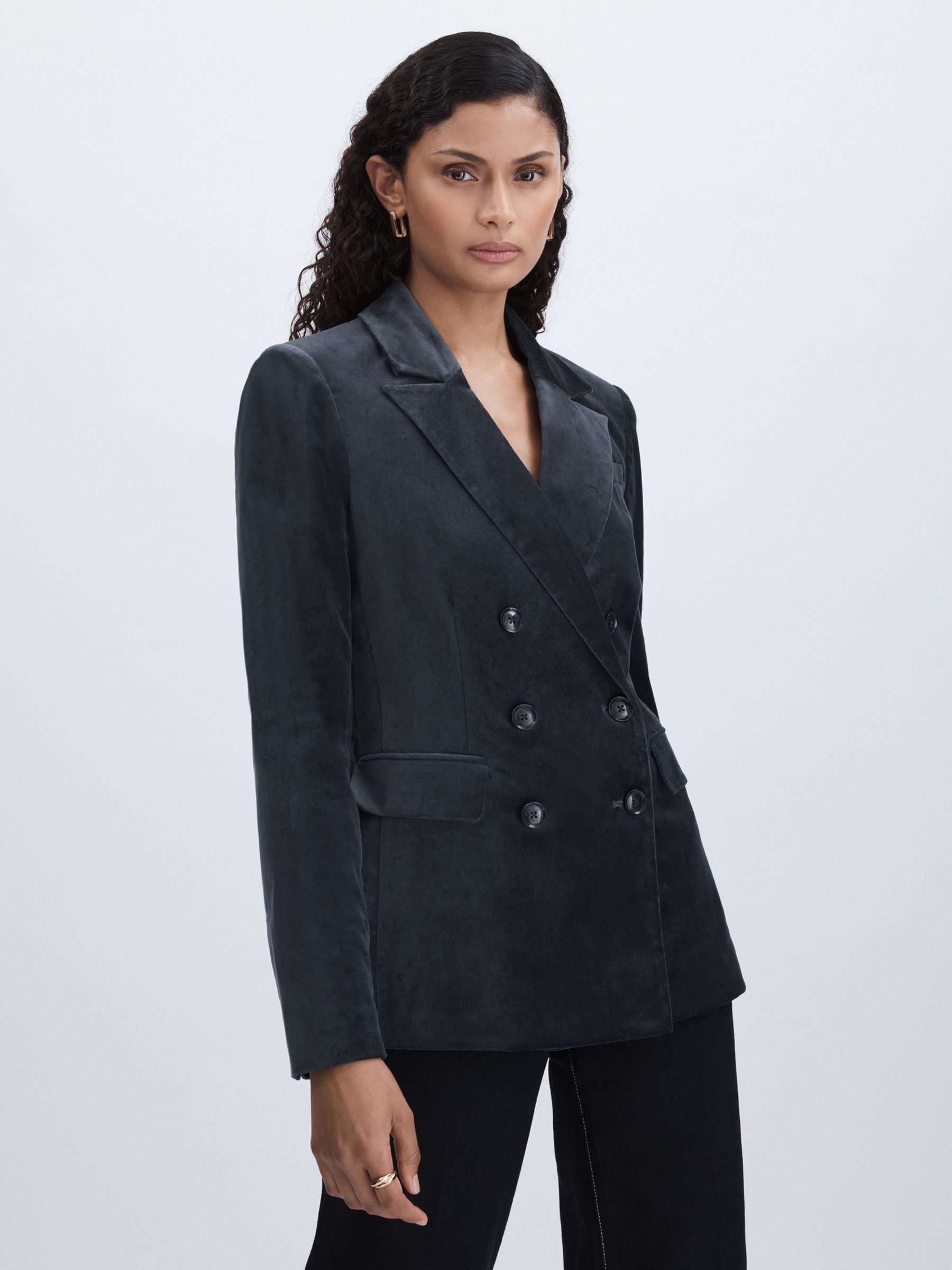Reiss Paige Velvet Double Breasted Blazer in Calico Blue - REISS