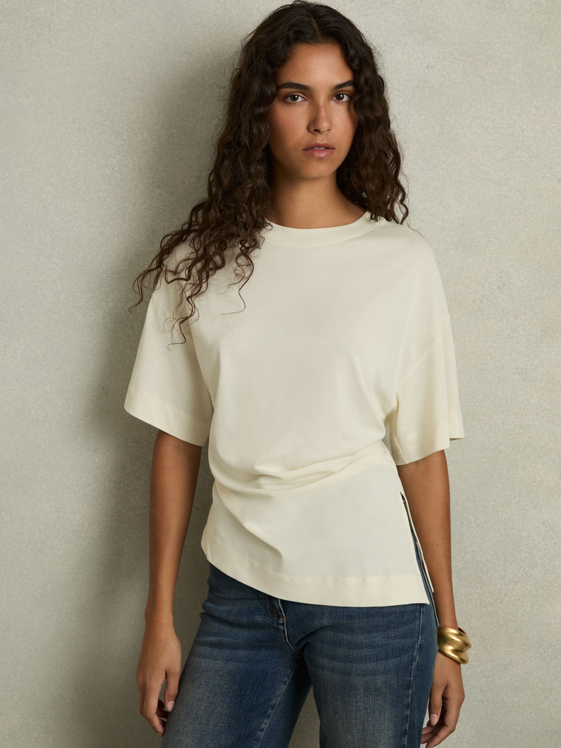 Reiss Draped Crew-Neck T-Shirt With Cotton in Ivory | REISS