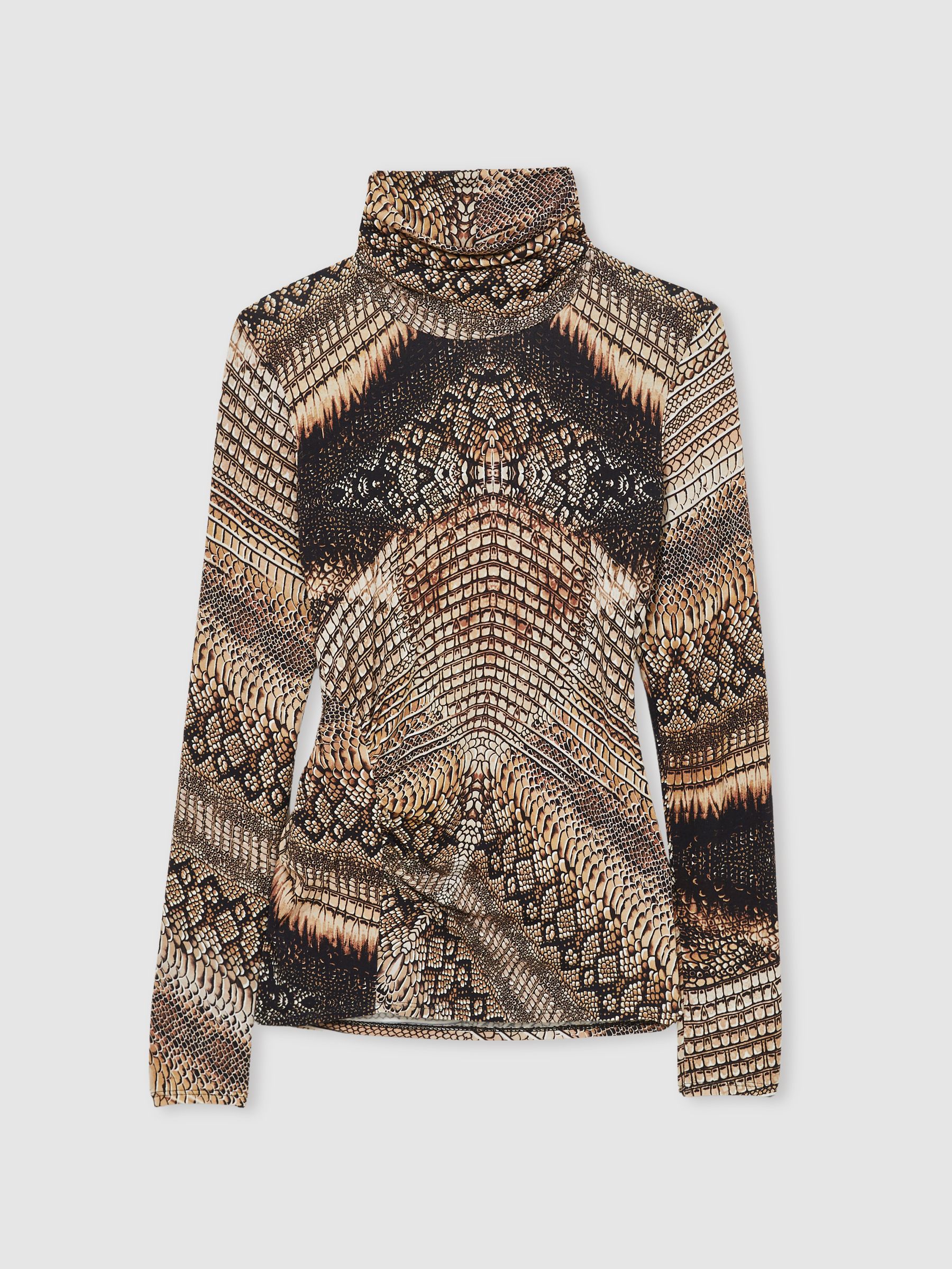 Reiss Snake-Print Roll-Neck Top in Brown - REISS