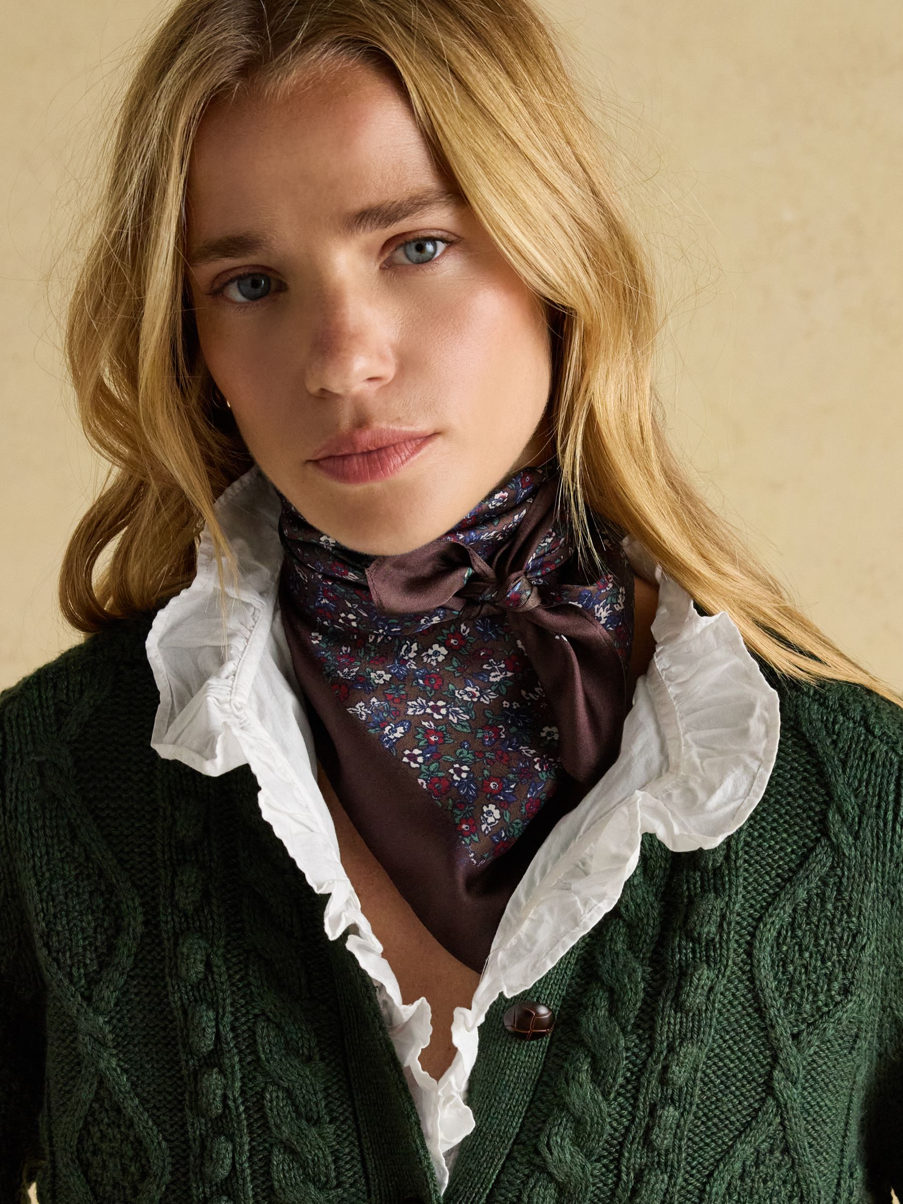 Elsie Chocolate Brown Small Square 100% Silk Scarf | Joules