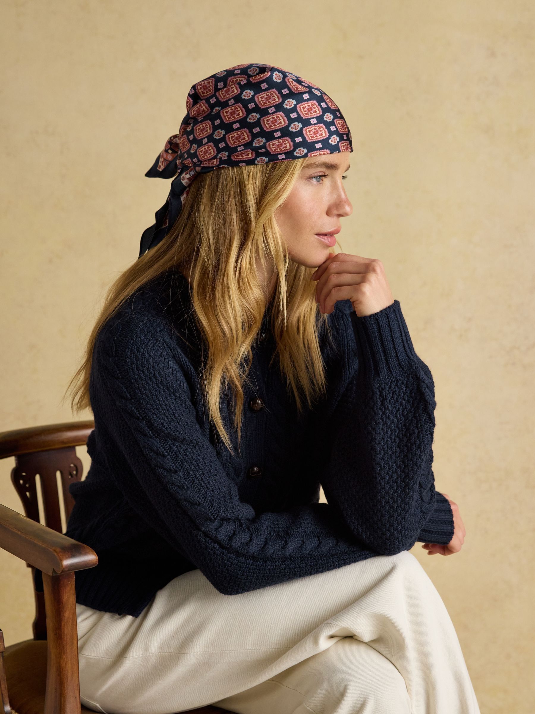 Elsie Navy Small Square 100% Silk Scarf | Joules