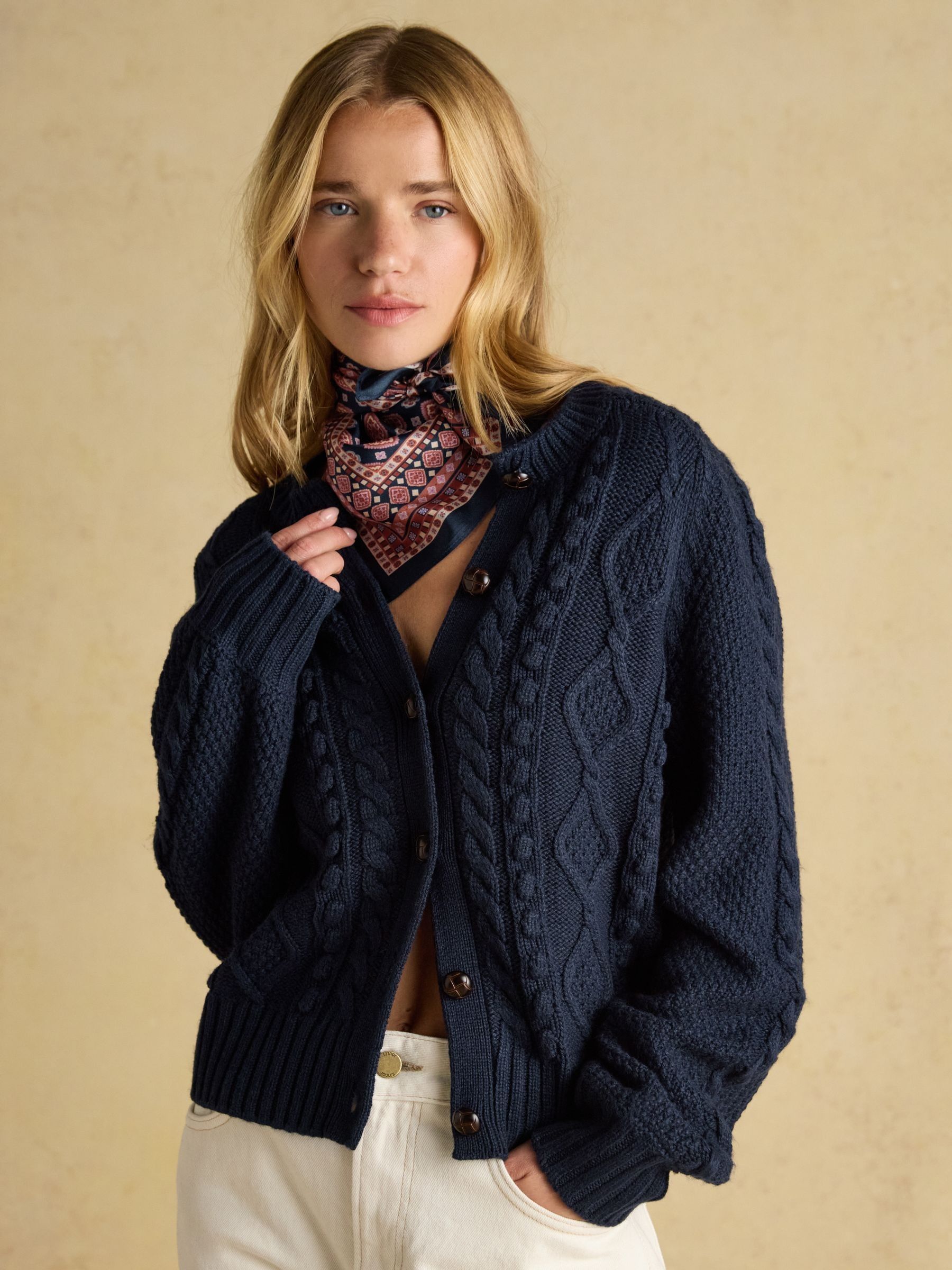 Elsie Navy Small Square 100% Silk Scarf | Joules
