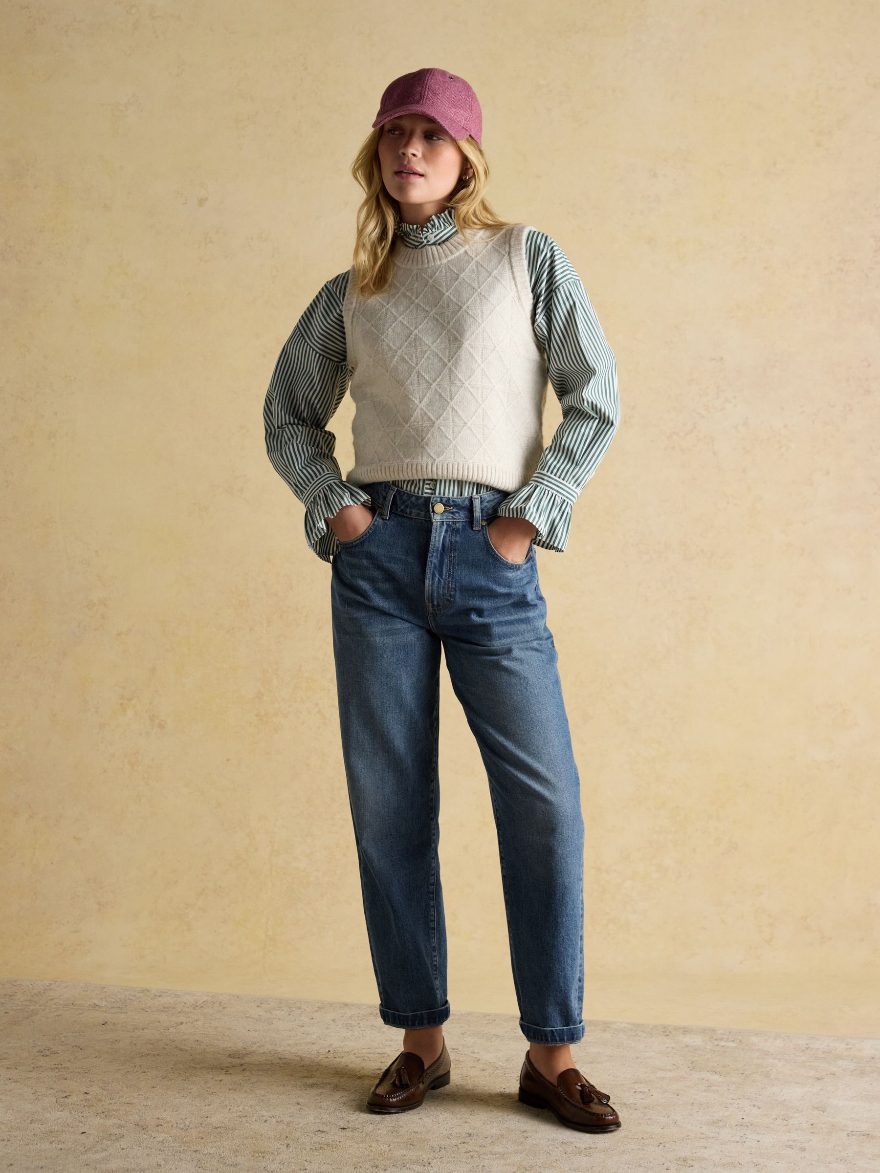 Reid Cream Textured Knitted Vest with Crew Neck | Joules