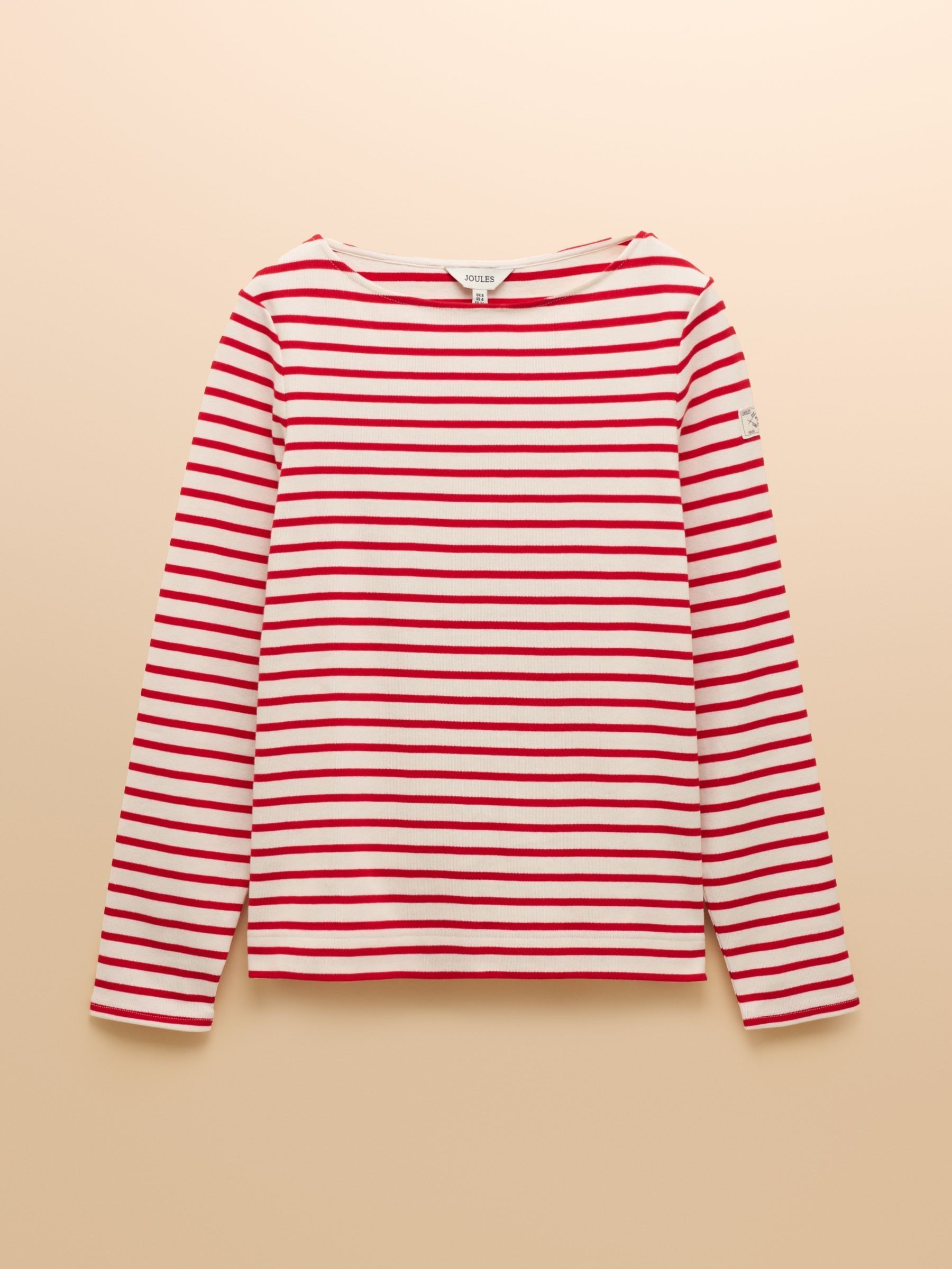 Harbour Cream/Red Boat Neck Long Sleeve Breton Stripe Top | Joules