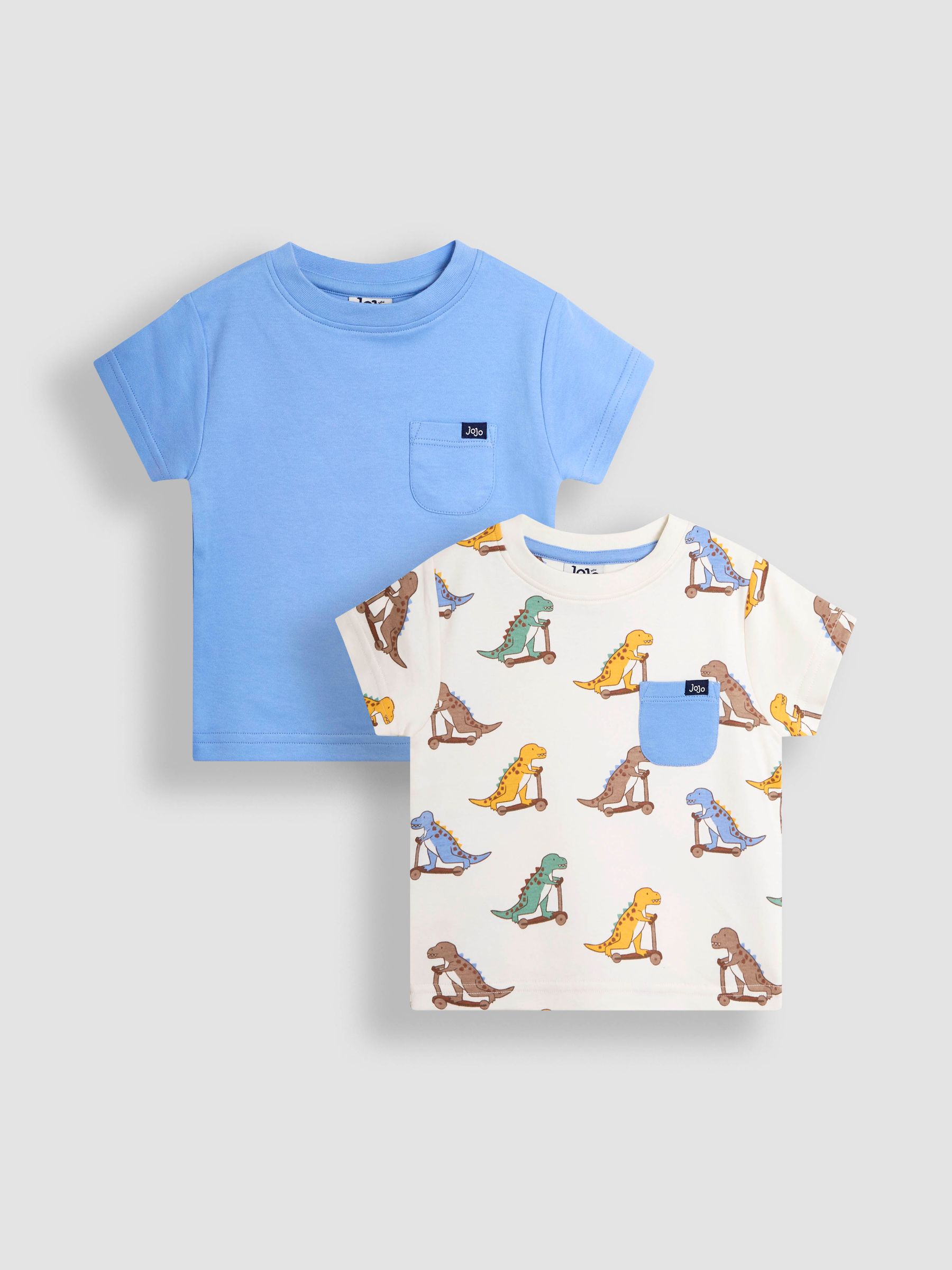 Blue Scooting Dino 2-Pack Printed & Plain T-Shirts | JoJo Maman Bébé
