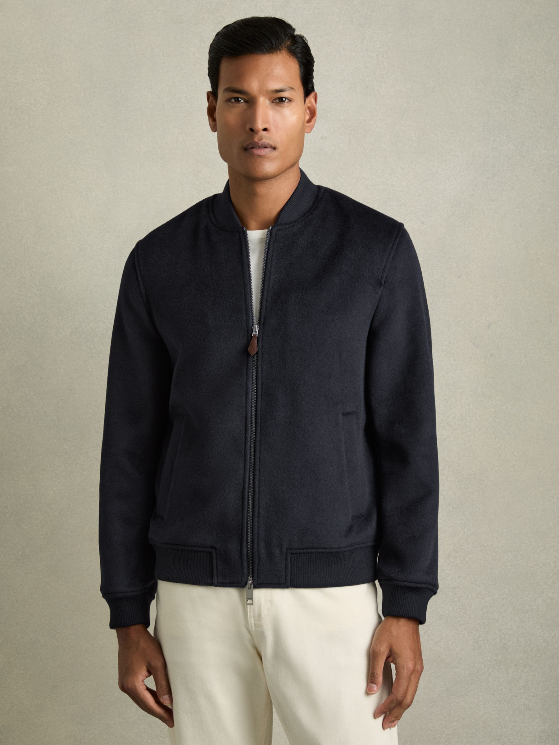 Reiss Wool-Blend Zip-Through Bomber Jacket in Navy - REISS