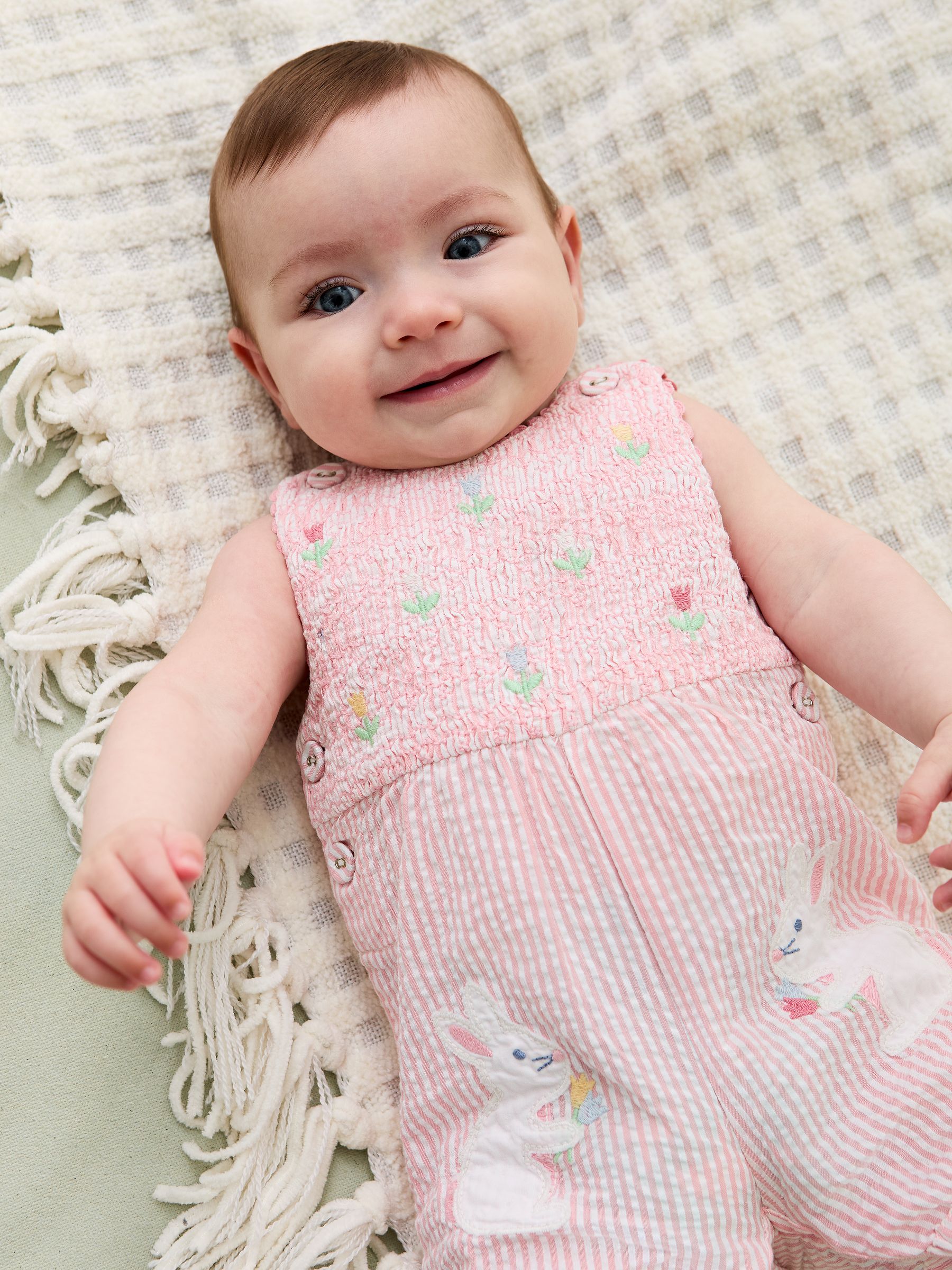 Pink Smocked Stripe Bunny Appliqué Pocket Dungarees | JoJo Maman Bébé