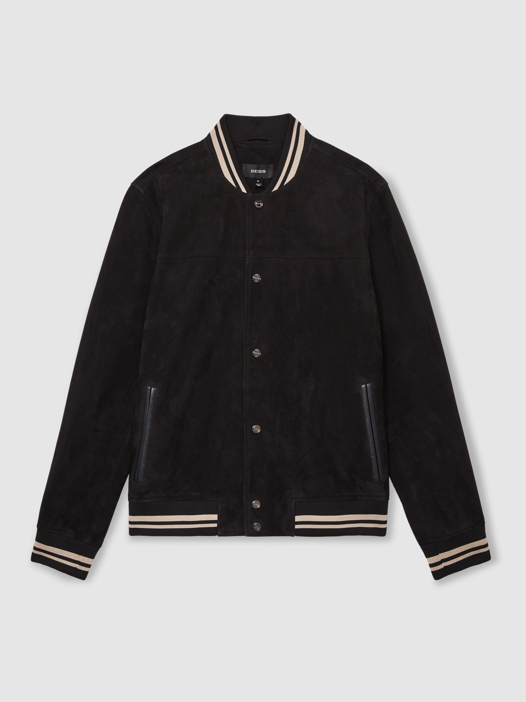 Reiss Suede Stripe-Trim Bomber Jacket in Navy | REISS