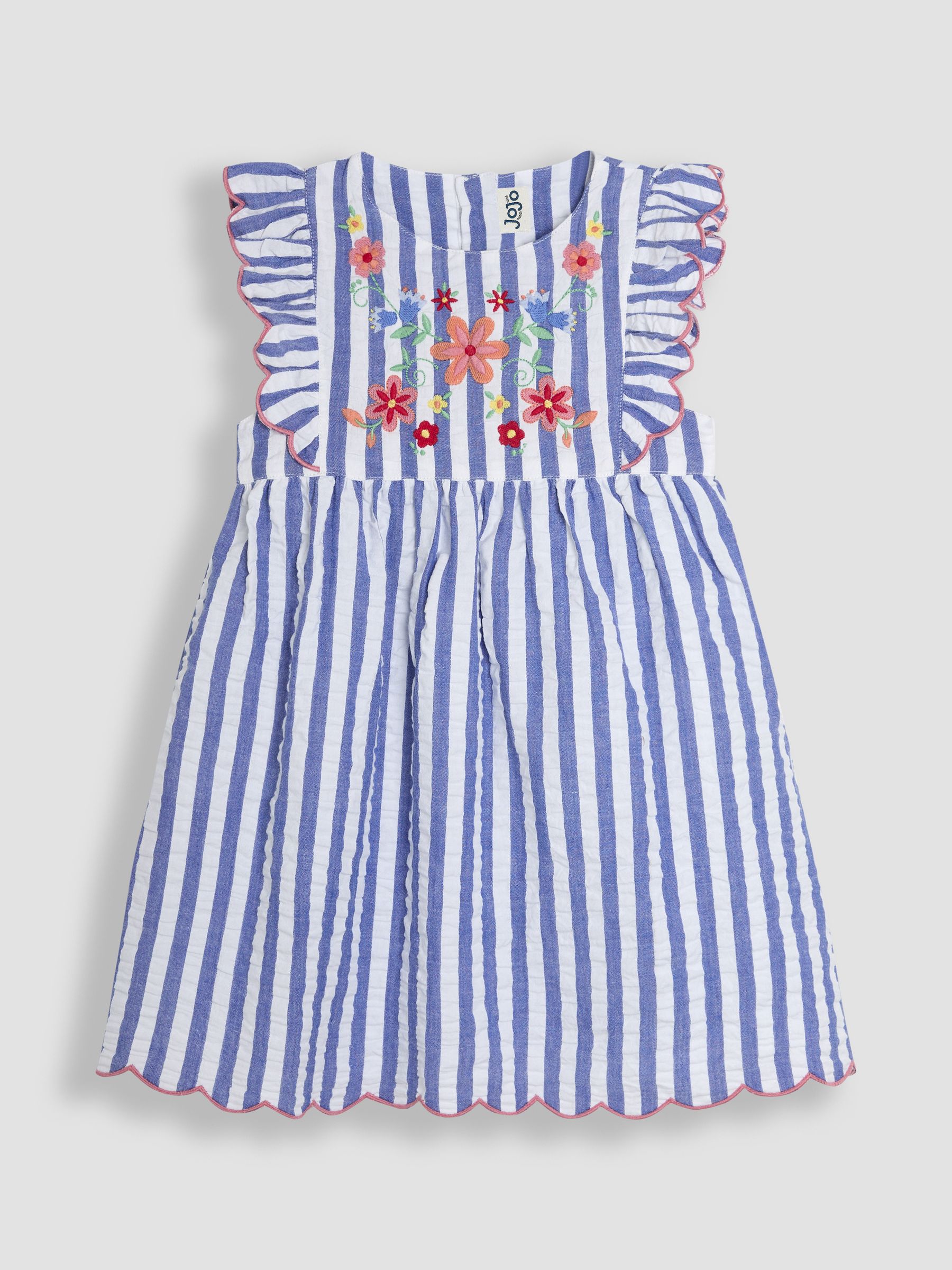 Blue Floral Embroidered Appliqué Seersucker Summer Dress | JoJo Maman Bébé