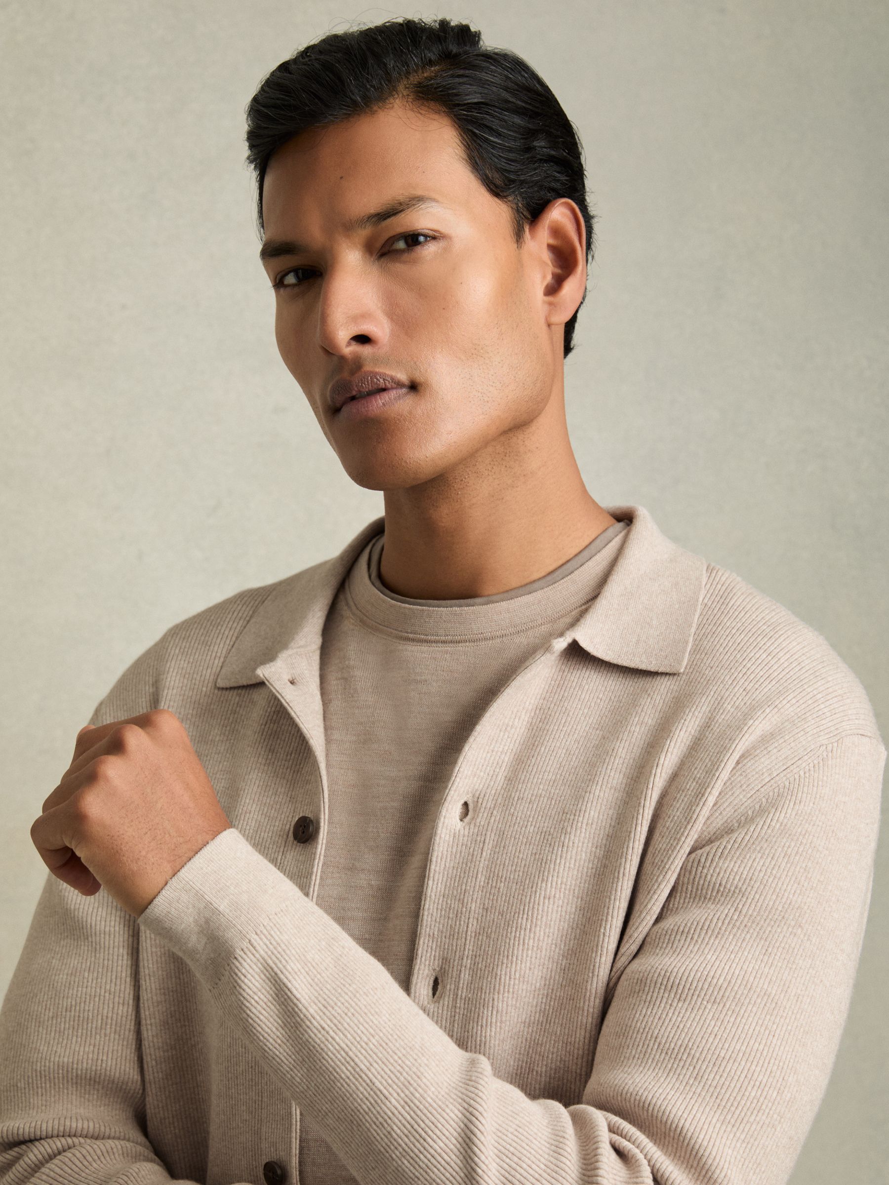 Reiss Fine-Ribbed Button-Through Cardigan in Oatmeal Melange | REISS