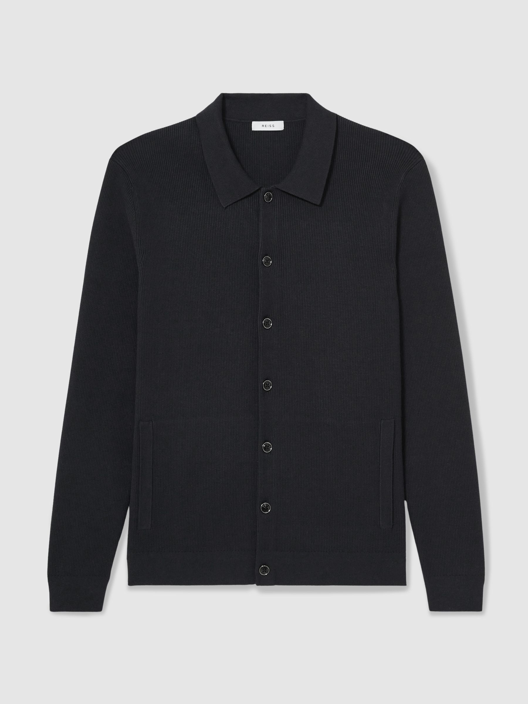 Reiss Fine-Ribbed Button-Through Cardigan in Navy - REISS