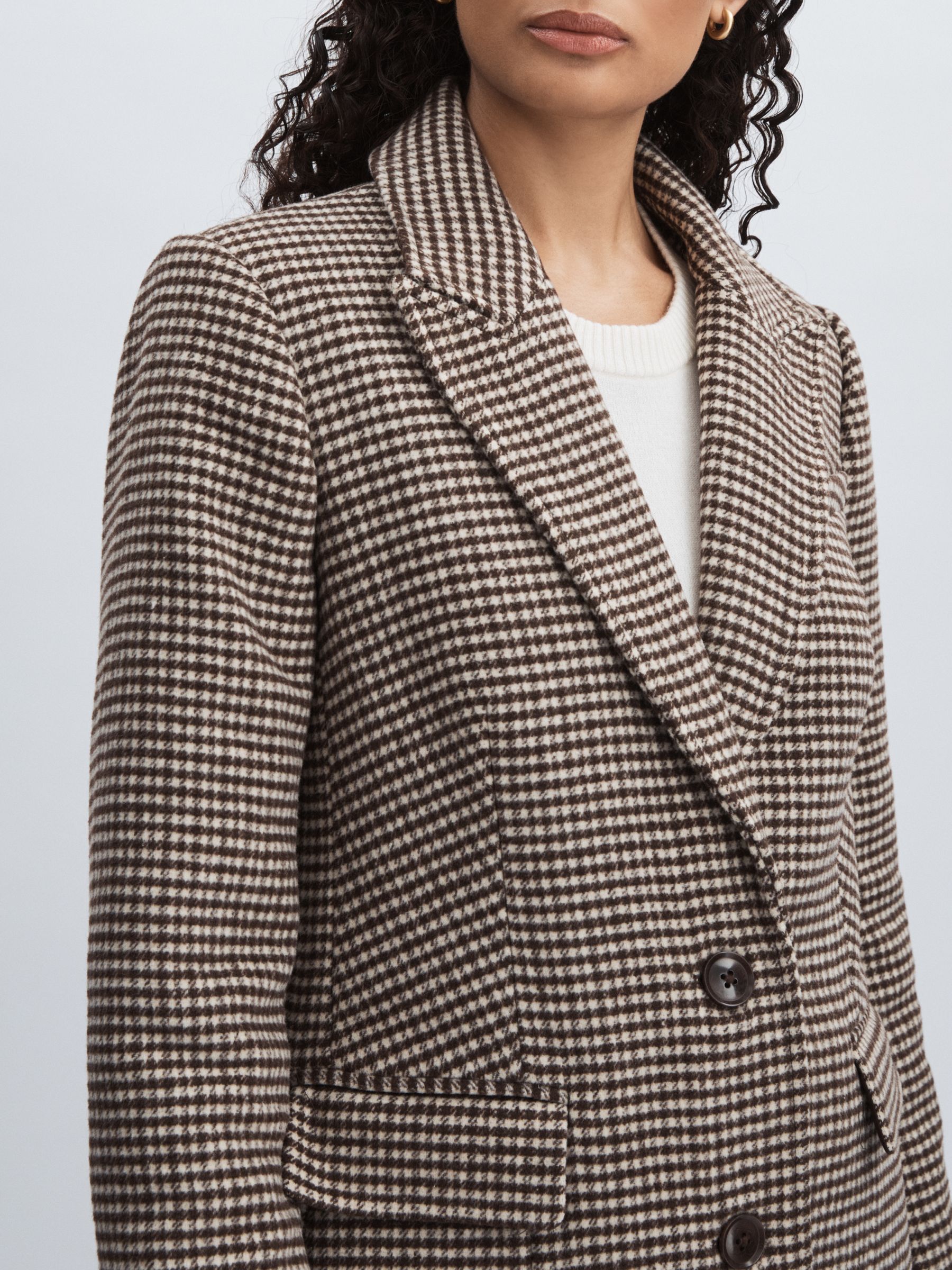 Reiss Single Breasted Houndstooth Check Coat in Chocolate Brown | REISS