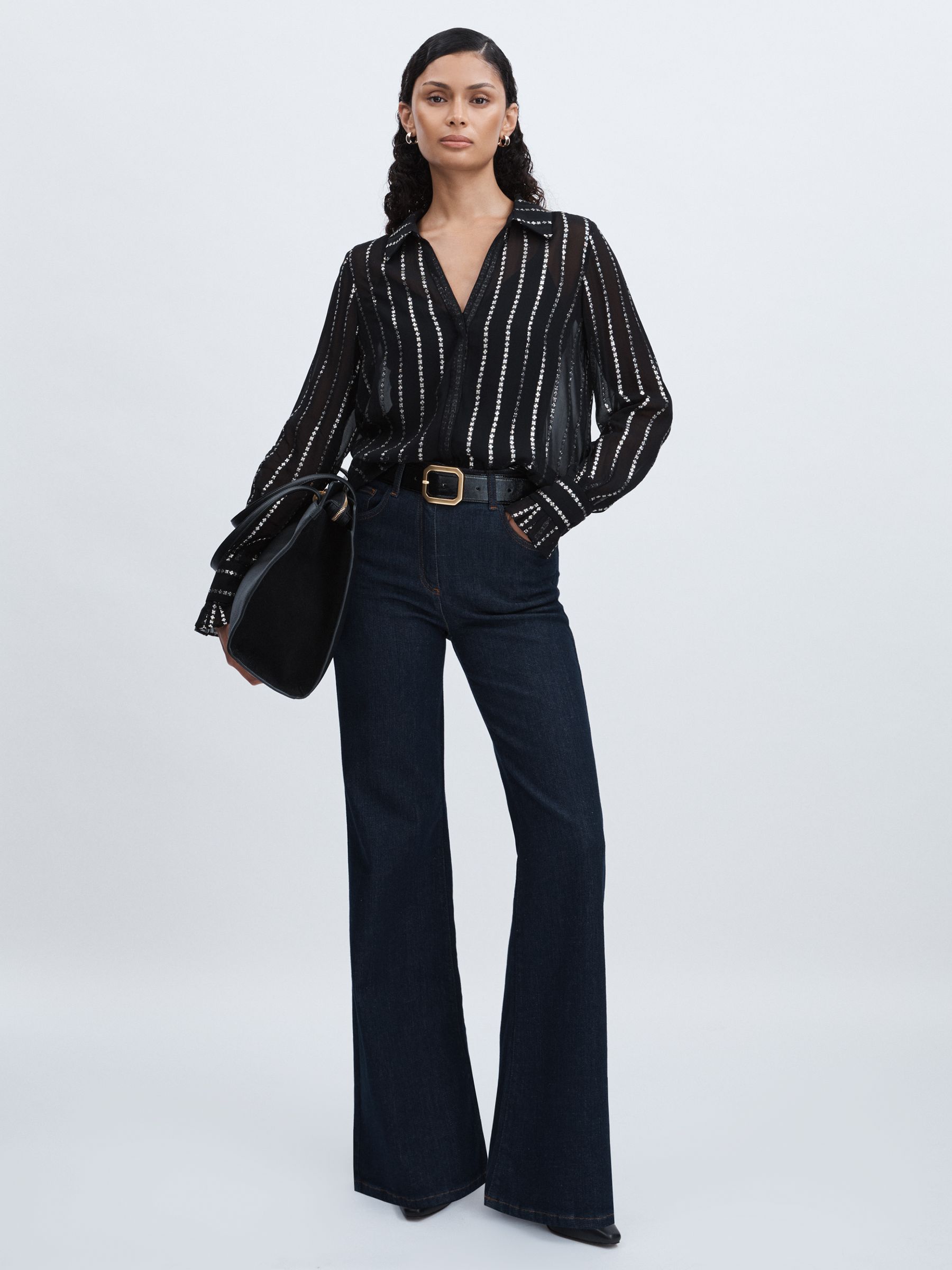 Reiss Paige Sheer Floral-Stripe Blouse in Black - REISS